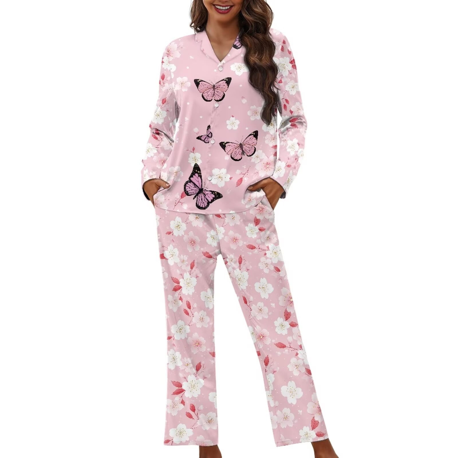 Garronmavis Women's 2-Piece Pajama Set Pink Butterfly Flower Long ...