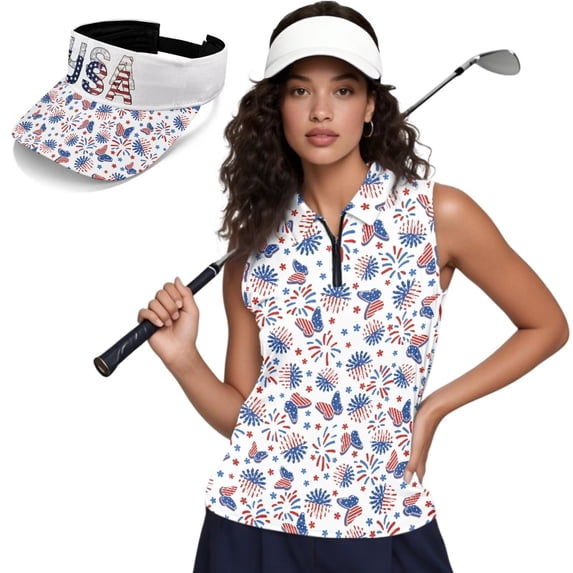 Garronmavis Women's Golf Shirt and Sun Visor Hat Set Patriotic Firework ...