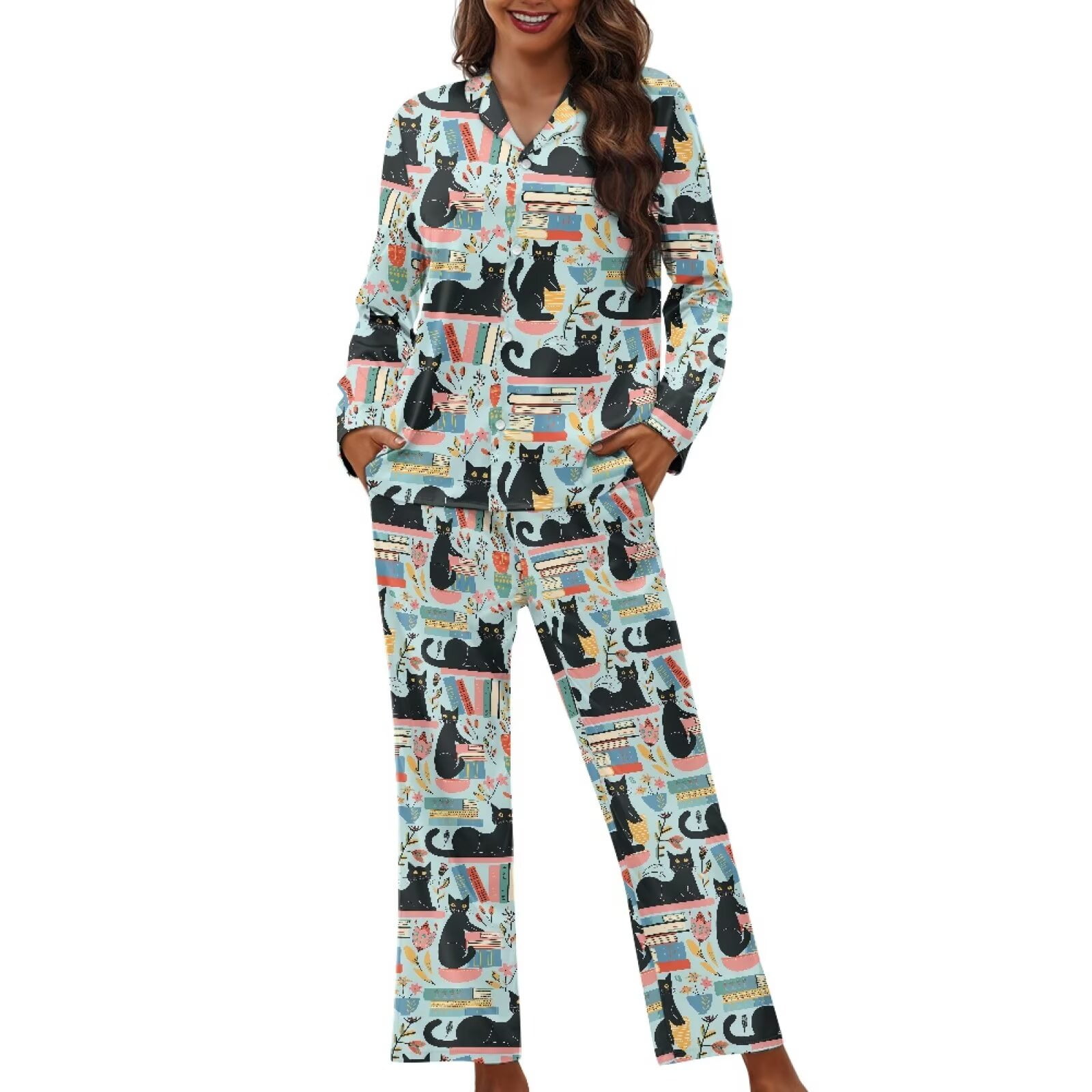 Garronmavis Women's Long Sleeve Pajama Set 2-Piece Black Cat Book ...