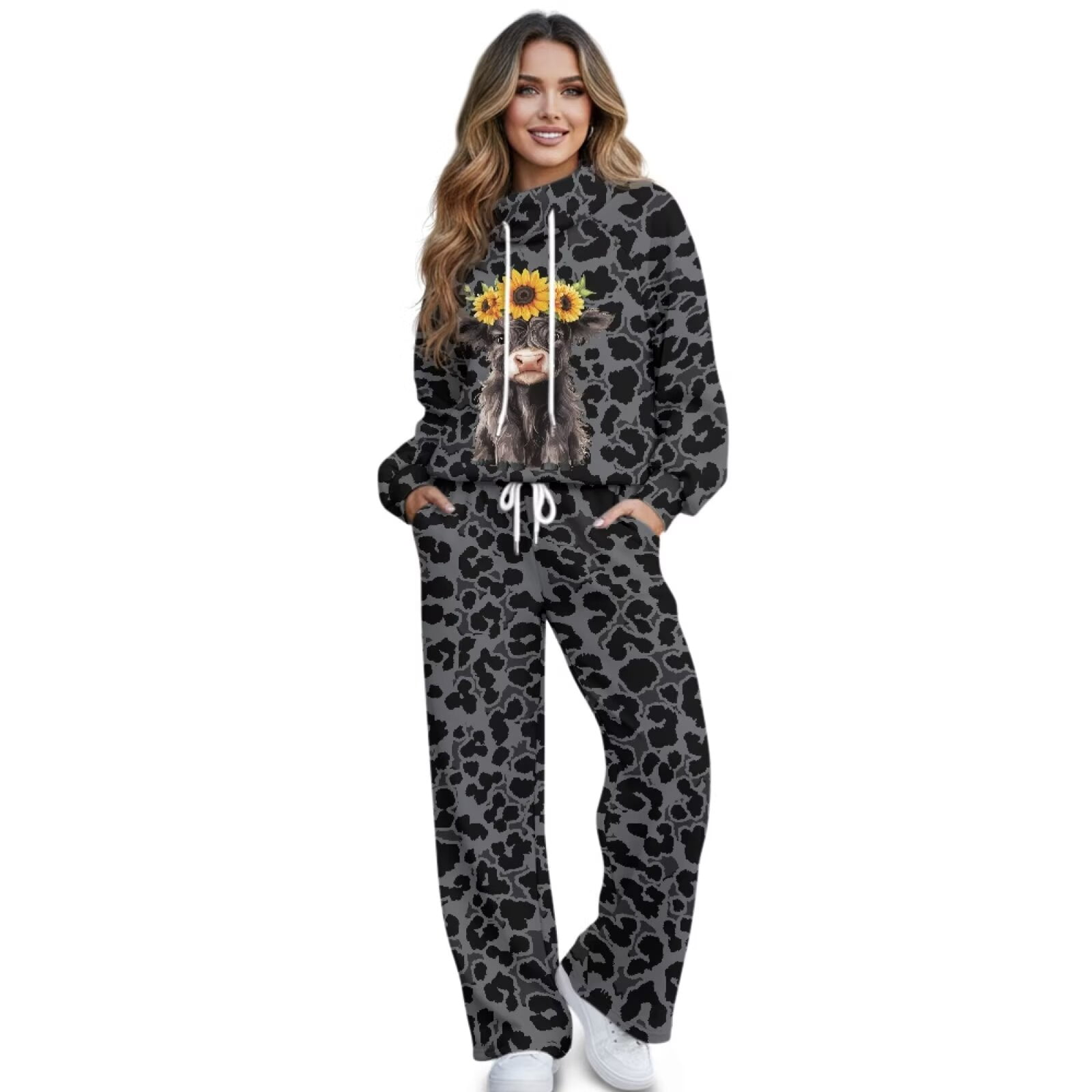 Garronmavis Womens Sweat Suits 2 Piece Set Highland Cow Hoodie Black ...