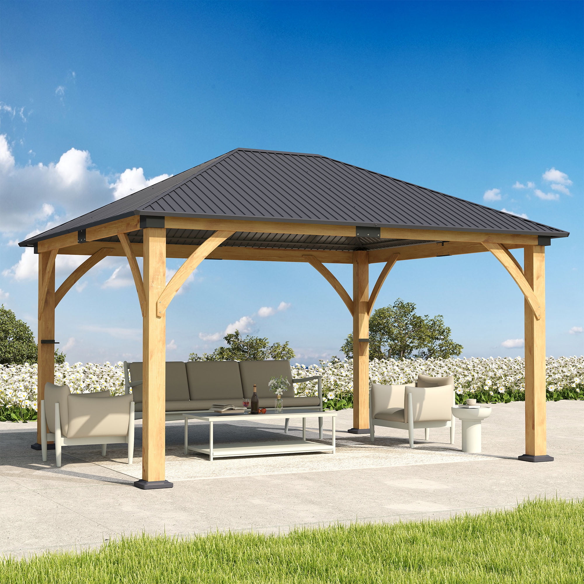 Gartoo 11 ft. x 13 ft Outdoor Hip Roof Spruce Wooden Gazebo, Heavy-duty ...