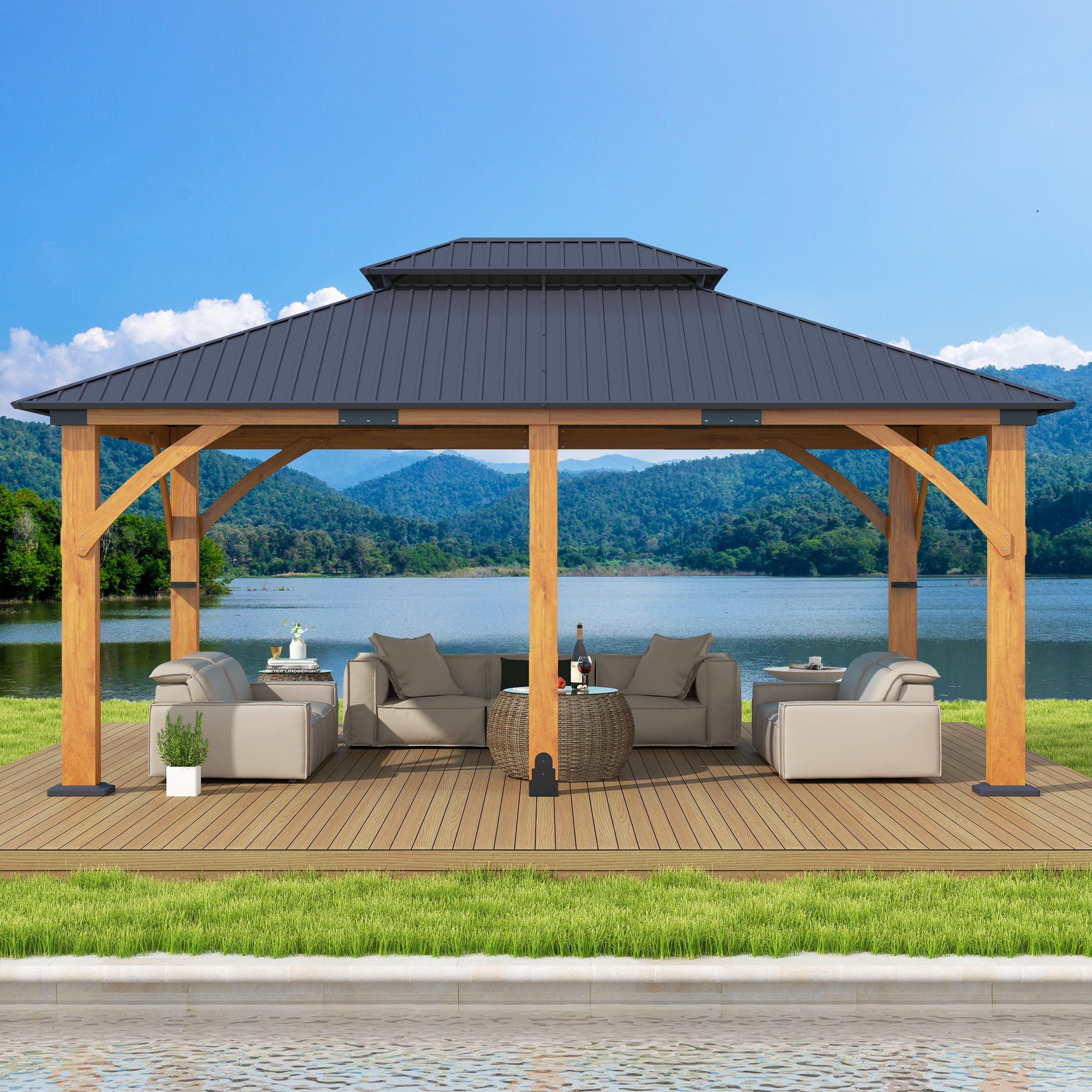 Gartoo 12 ft. x 20 ft Outdoor Hip Roof Spruce Wooden Gazebo, Heavy-duty ...