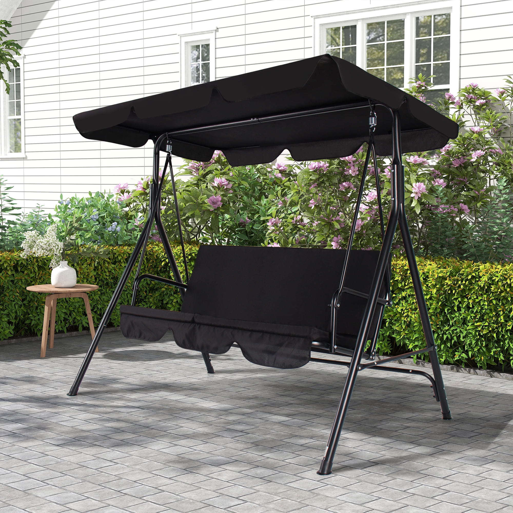 GARTOO 3 Seat Black Porch Swing, Cushions, Adjustable UV-Protected ...