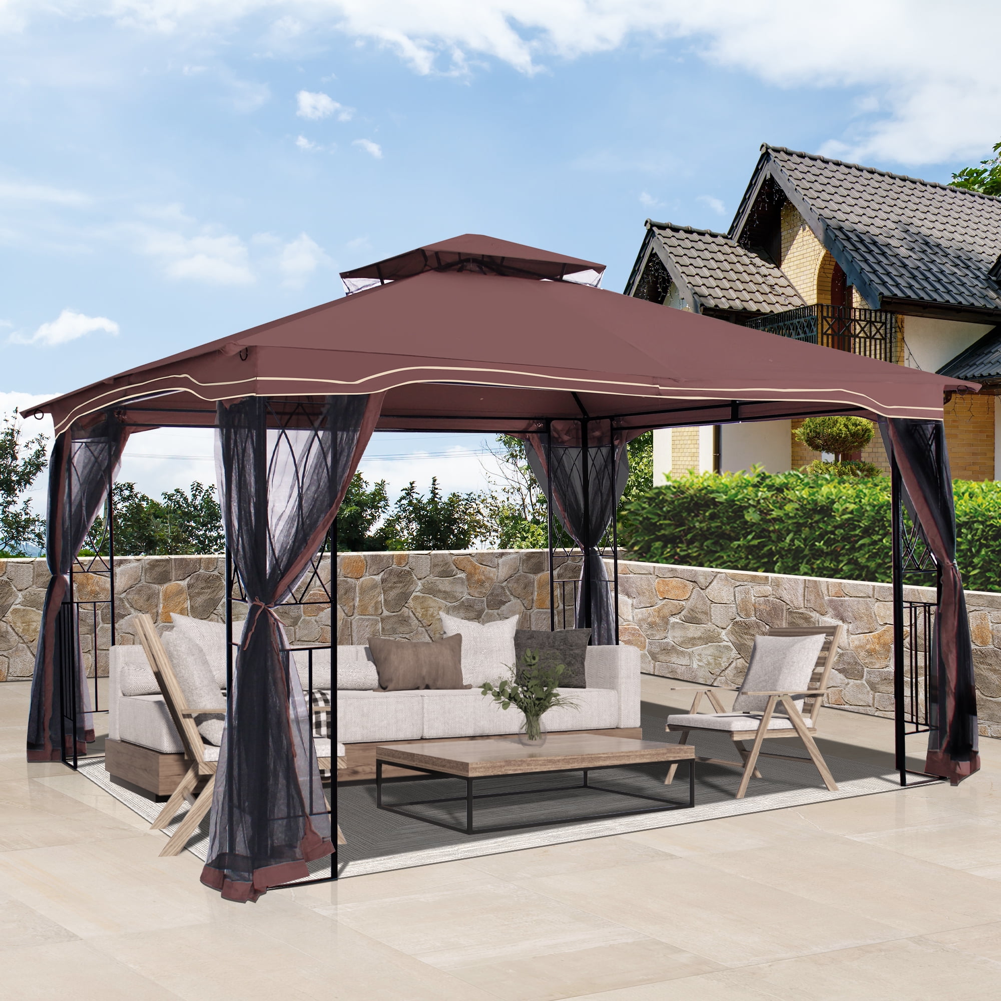 Gartooo 10' x 12' Patio Gazebo Outdoor, Double Roof Outdoor Gazebo with ...