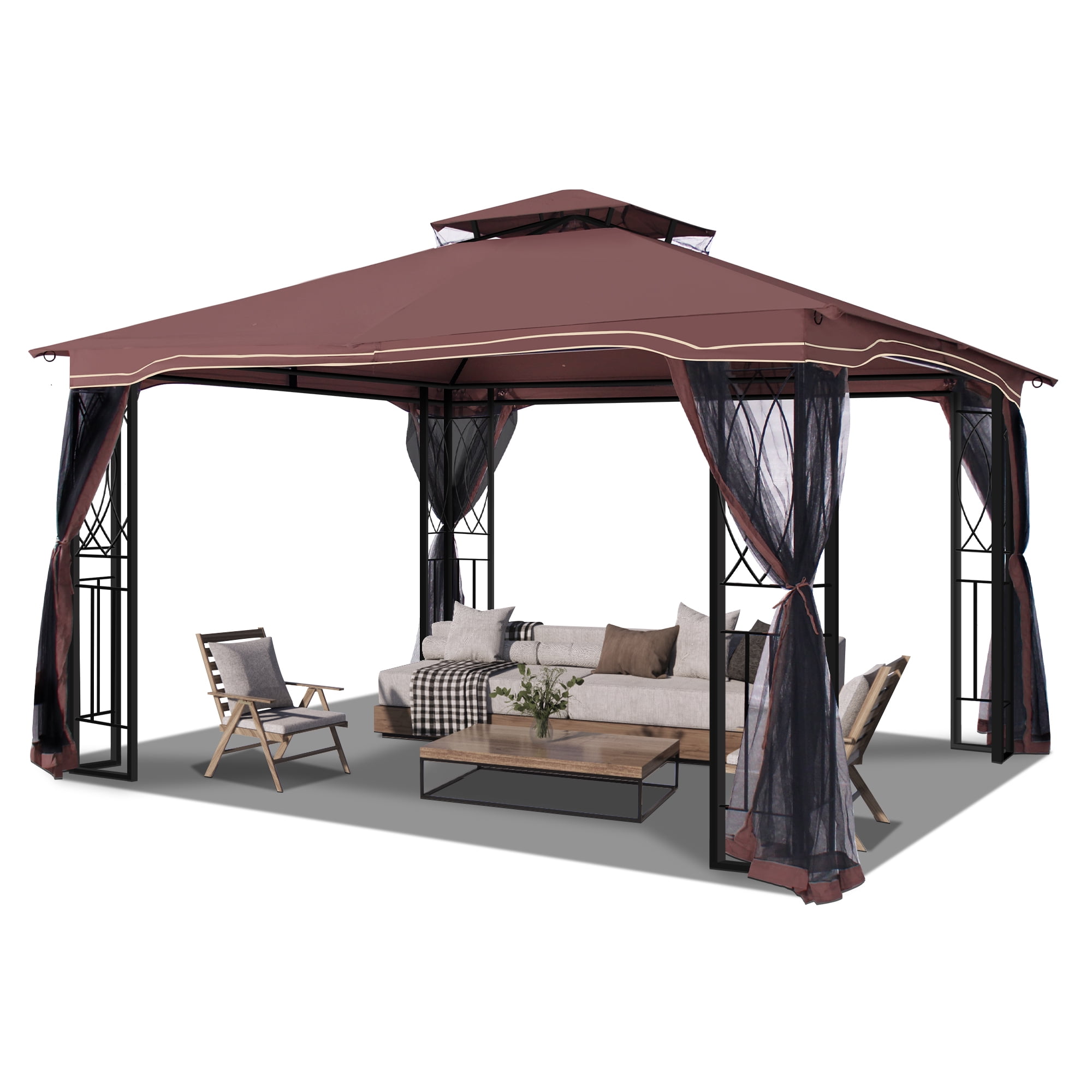 Gartooo 10'x12' Outdoor Gazebo, Double Roof, Netting, Metal Frame ...