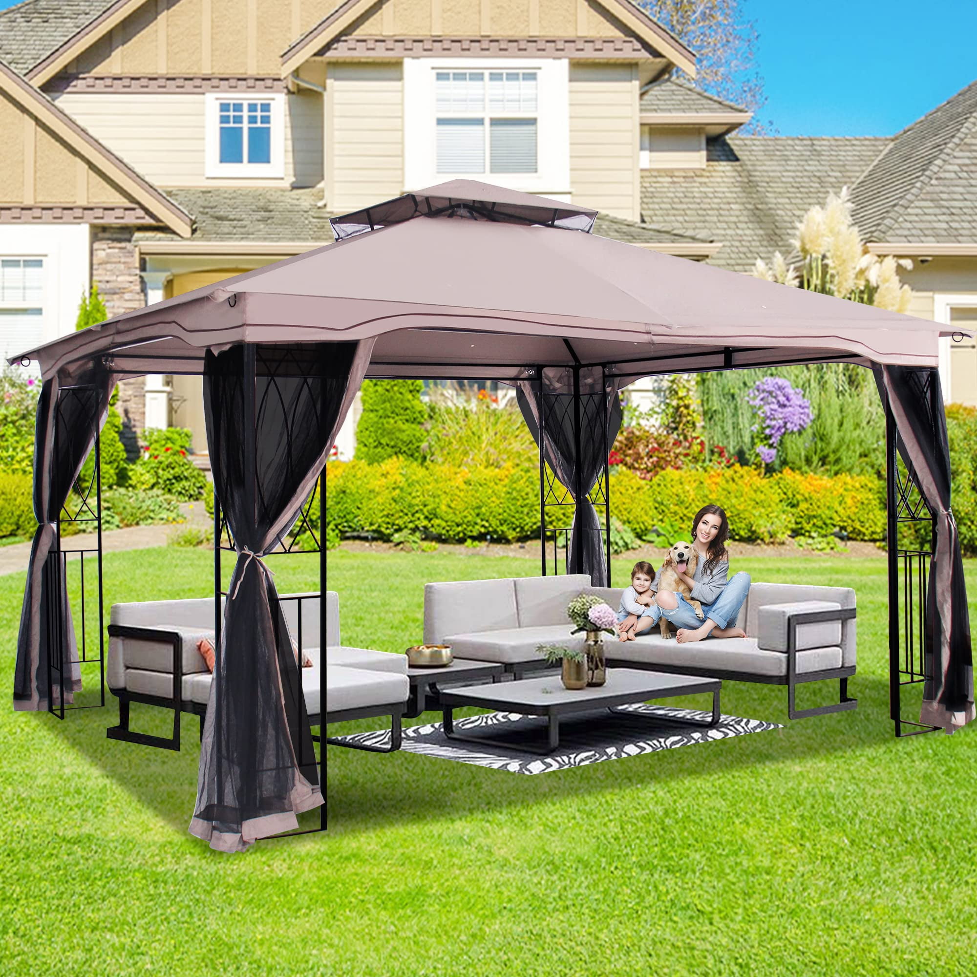 Gartooo 10' x 12' Patio Gazebo Outdoor, Double Roof Outdoor Gazebo with ...