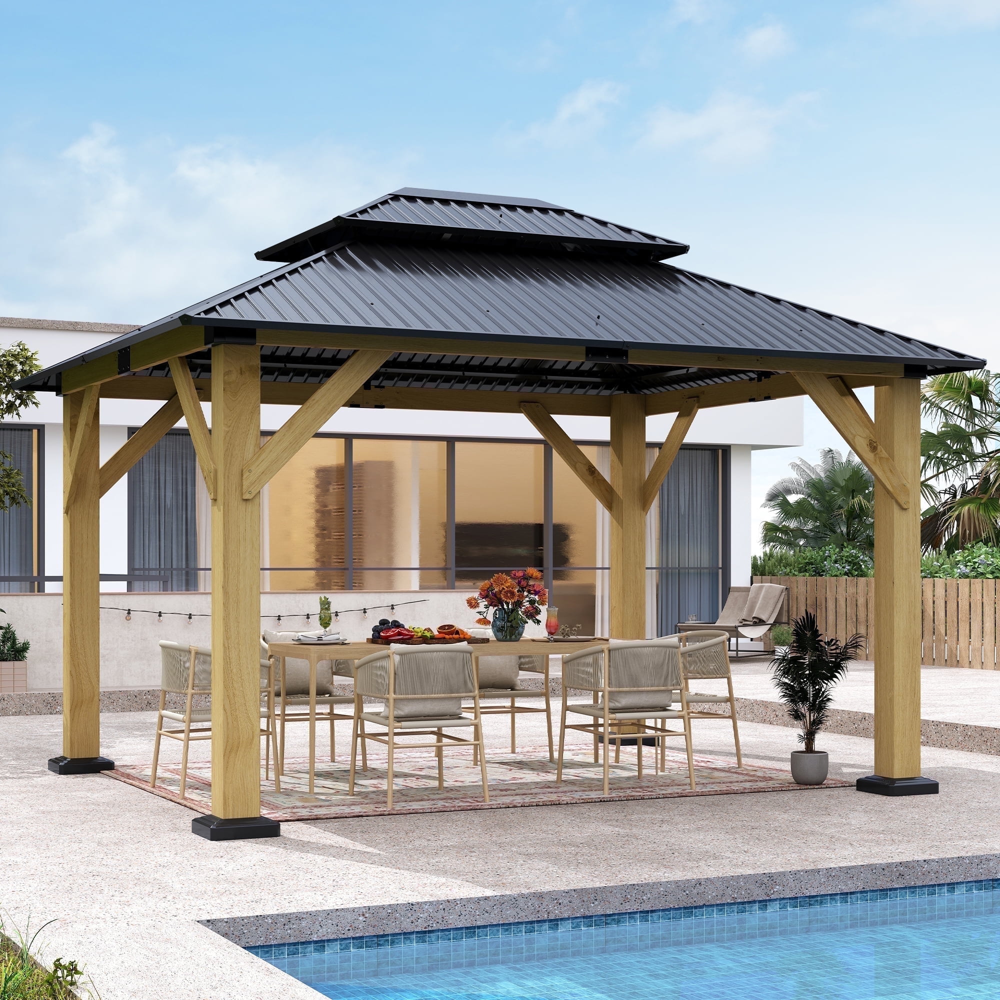 GARTOO 10 x 12 ft. Outdoor Wooden Hardtop Gazebo, Galvanized Steel ...
