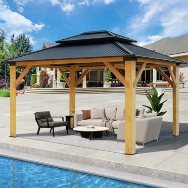 Sunjoy 13 ft. x 15 ft. Outdoor Patio Hardtop Gazebo, Wooden Frame Metal ...