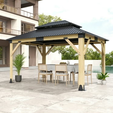 Mellcom 13'x11' Hardtop Cedar Wood Gazebo, Outdoor with Curtains ...