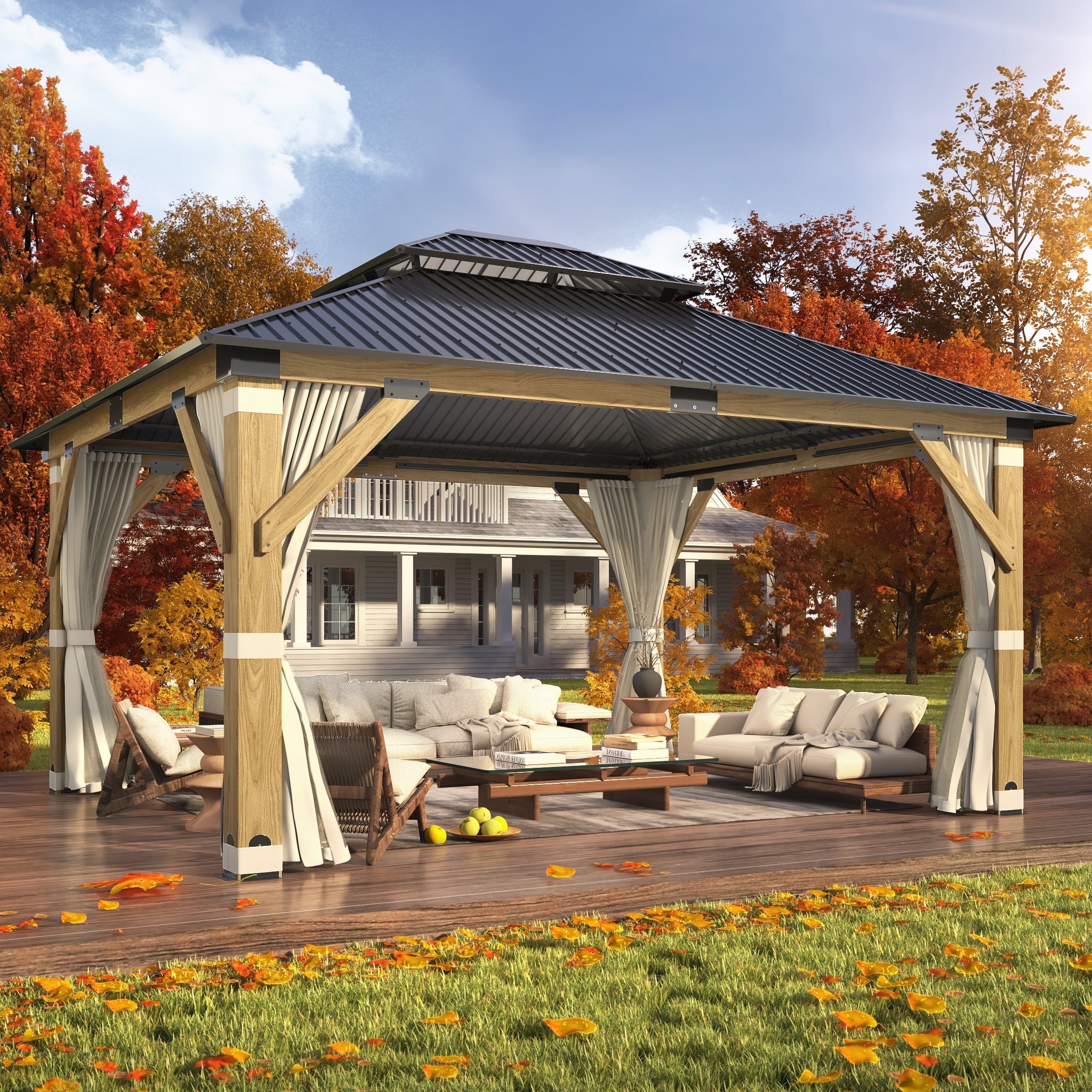 Gartooo 13’x15’ Wooden Gazebo with Metal Top, Privacy Curtains, Netting ...