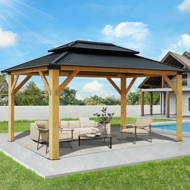 Dextrus Double Roof Hardtop Gazebo with Netting and Curtains, Outdoor ...