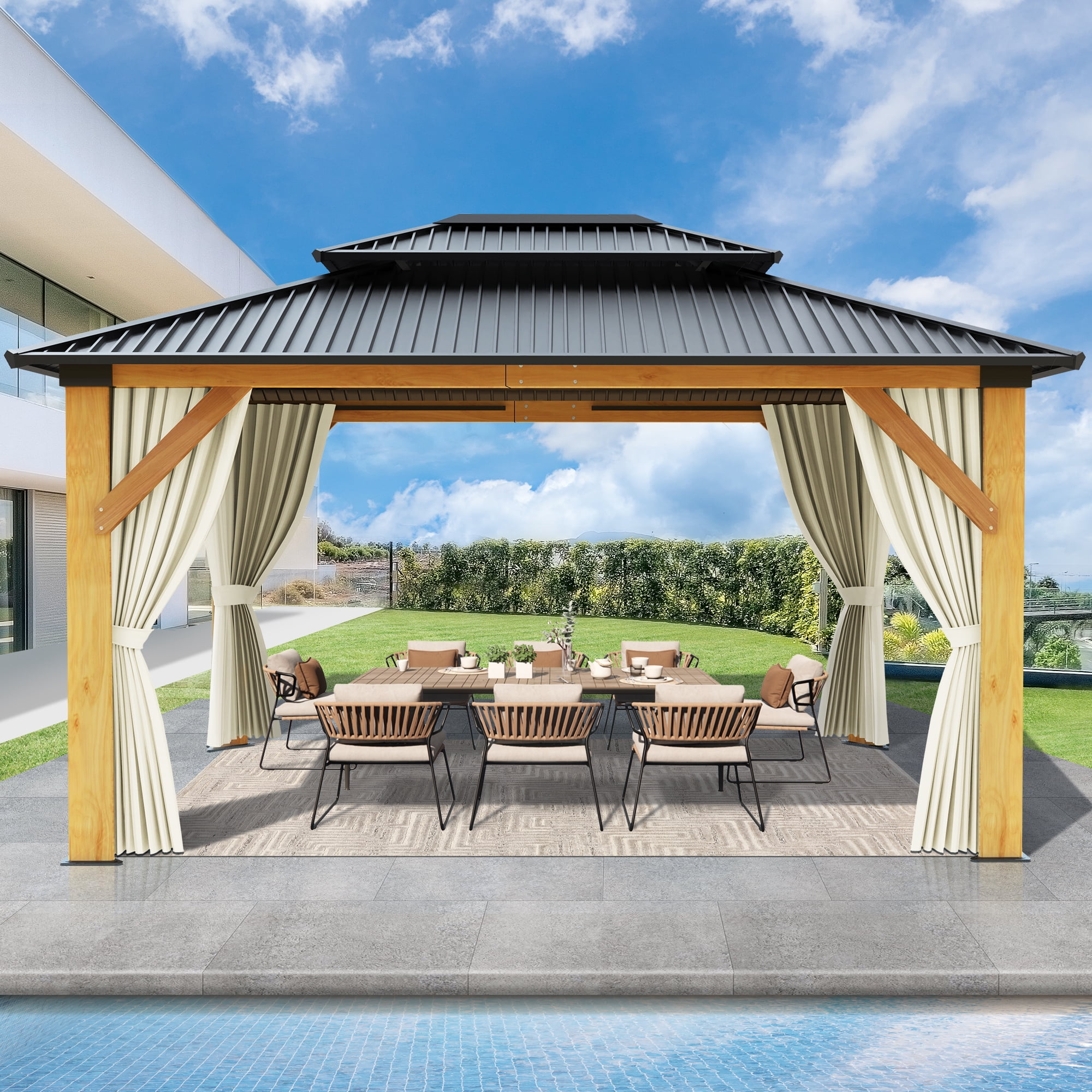Gartooo 13’x15’ Patio Wooden Gazebo, Galvanized Steel Roof Gazebo with ...