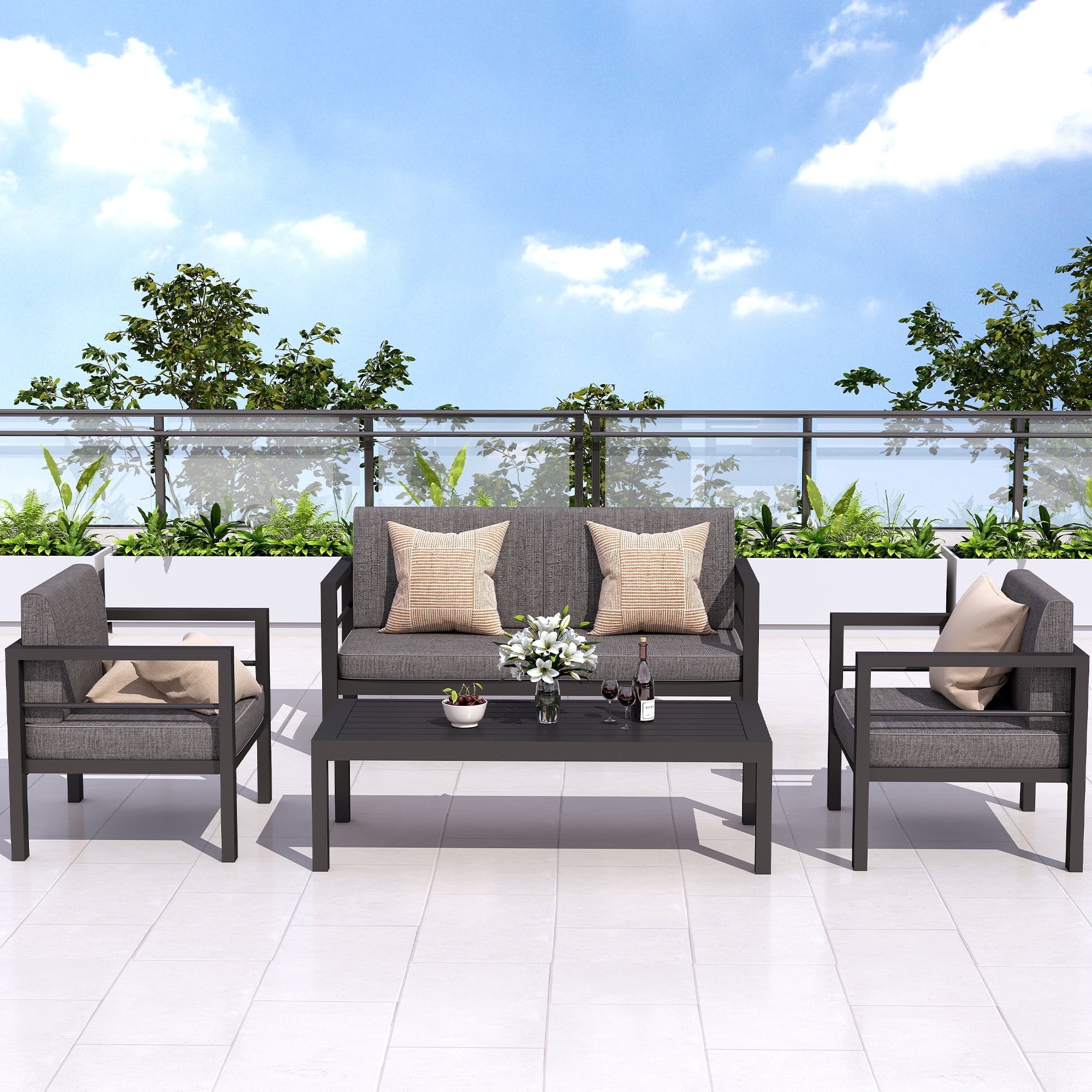 Gartoo 4-Piece Aluminum Patio Furniture Set, 4 Seats Modern Patio ...