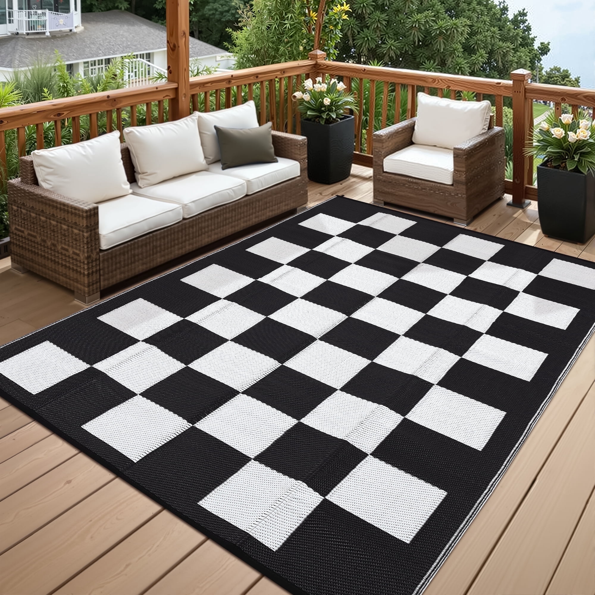 Garvee 10'x14' Plastic Outdoor Rug Checkboard Woven Outdoor Carpet ...