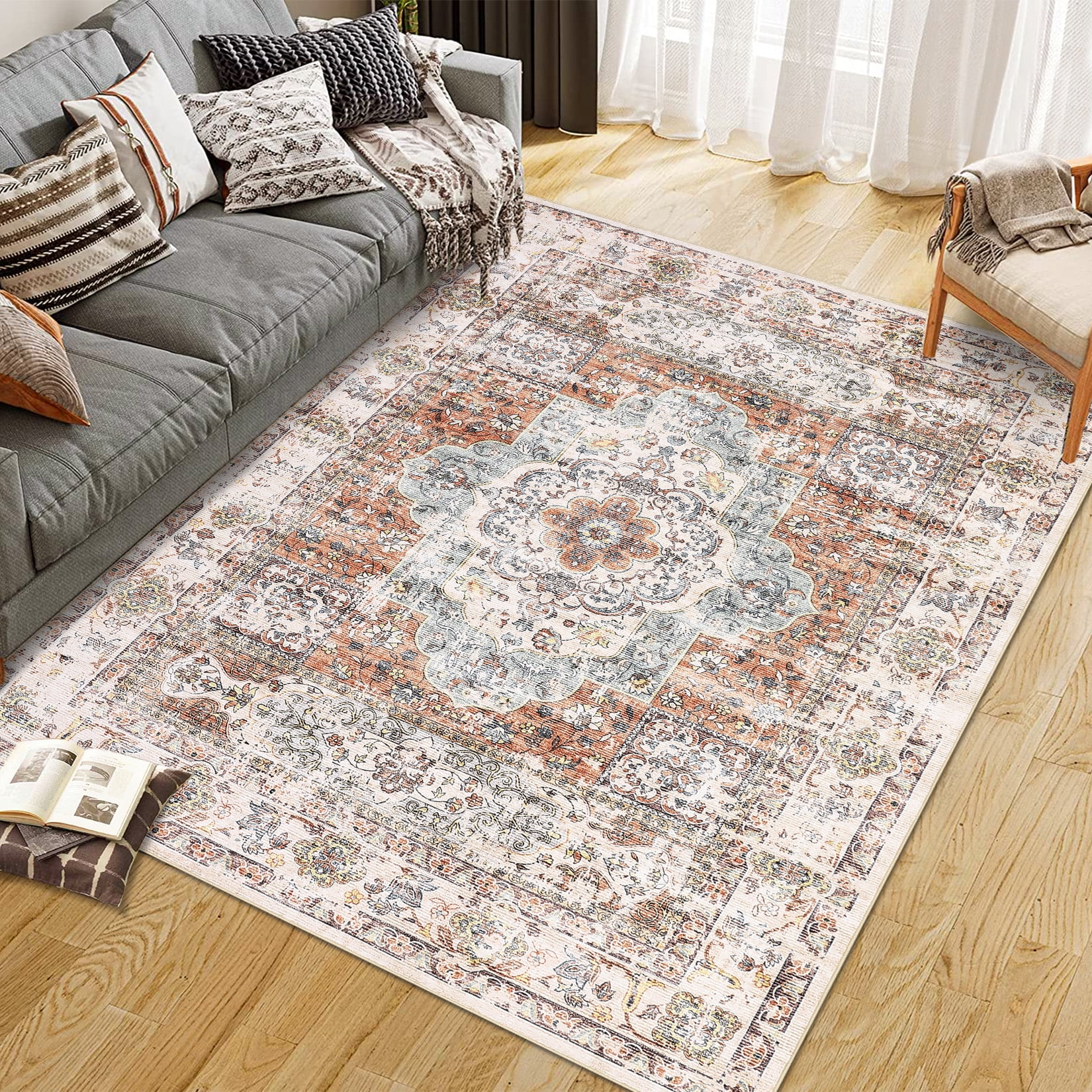 Garvee 10x13 Vintage Rug Large Washable Area Rug Medallion Rug Floral ...