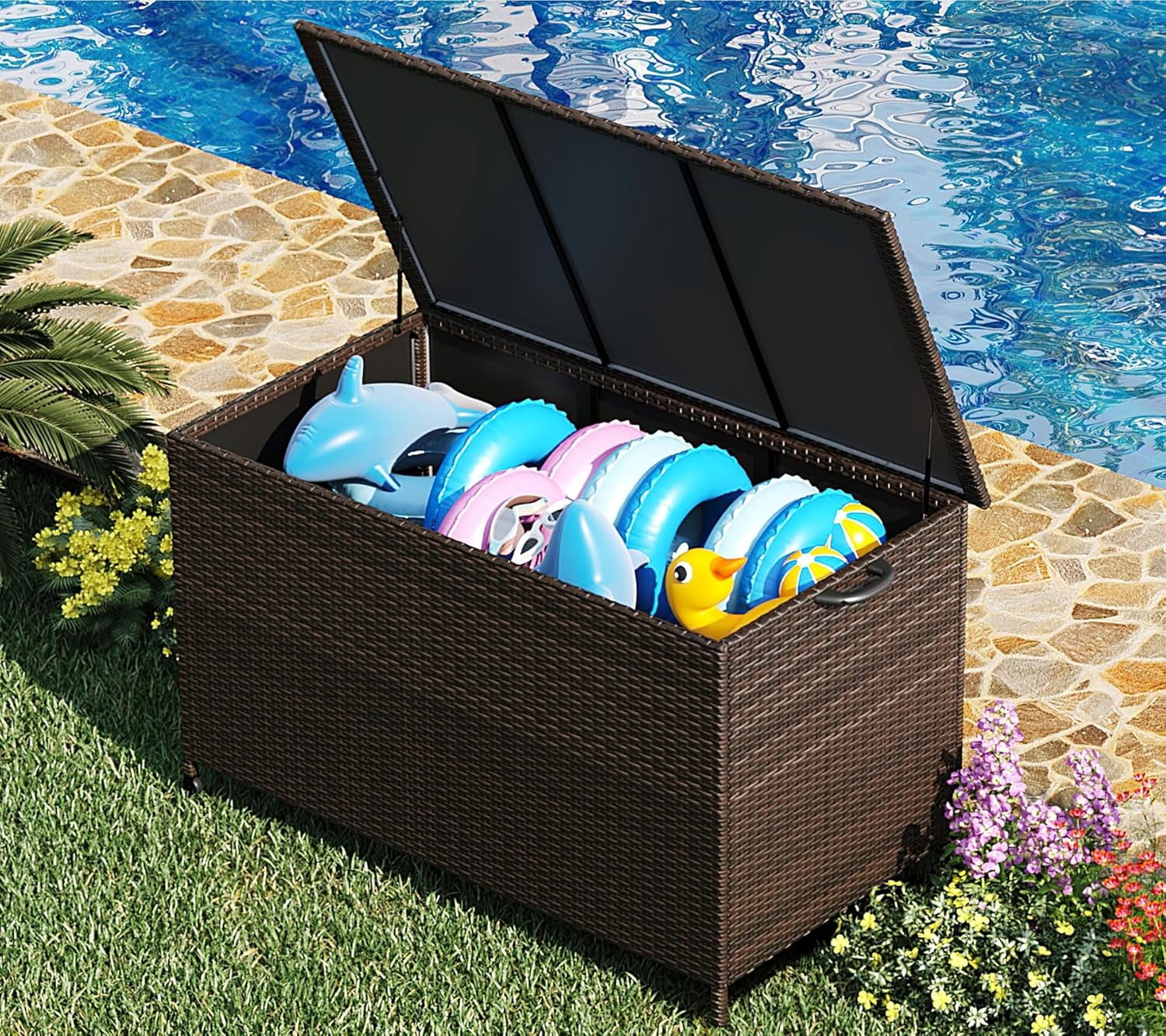 Garvee 185 Gallon Rattan Deck Box, Outdoor Wicker Deck Box With Curved ...