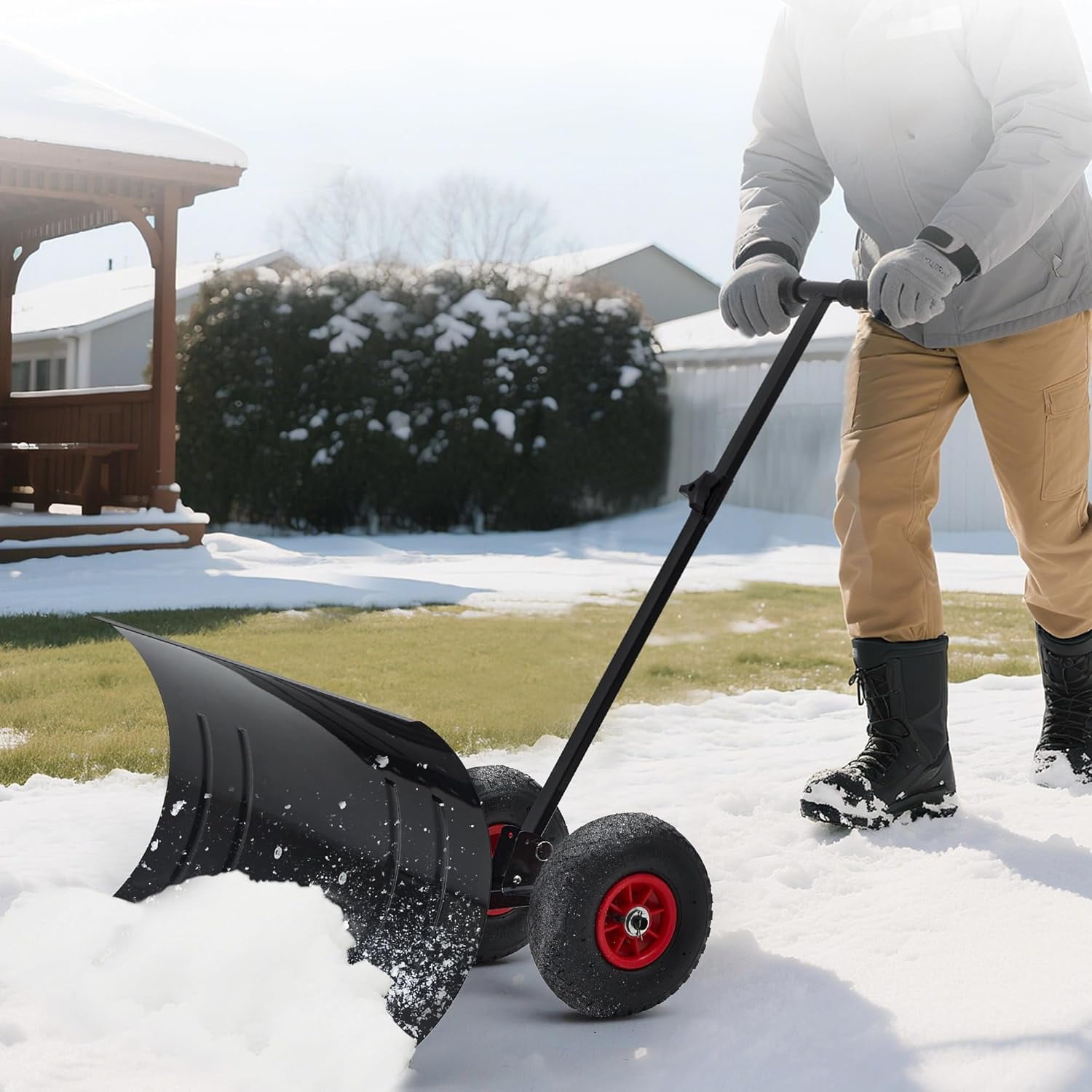 Garvee 29" Heavy Duty Steel Snow Shovel Pusher with Wheels, Adjustable ...