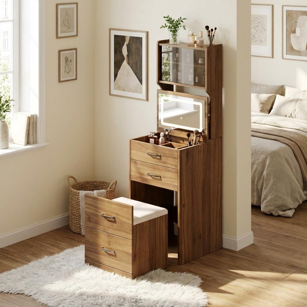 Garvee 3 in 1 Vanity Desk with 3 Color LED, Compact Makeup Vanity Set ...