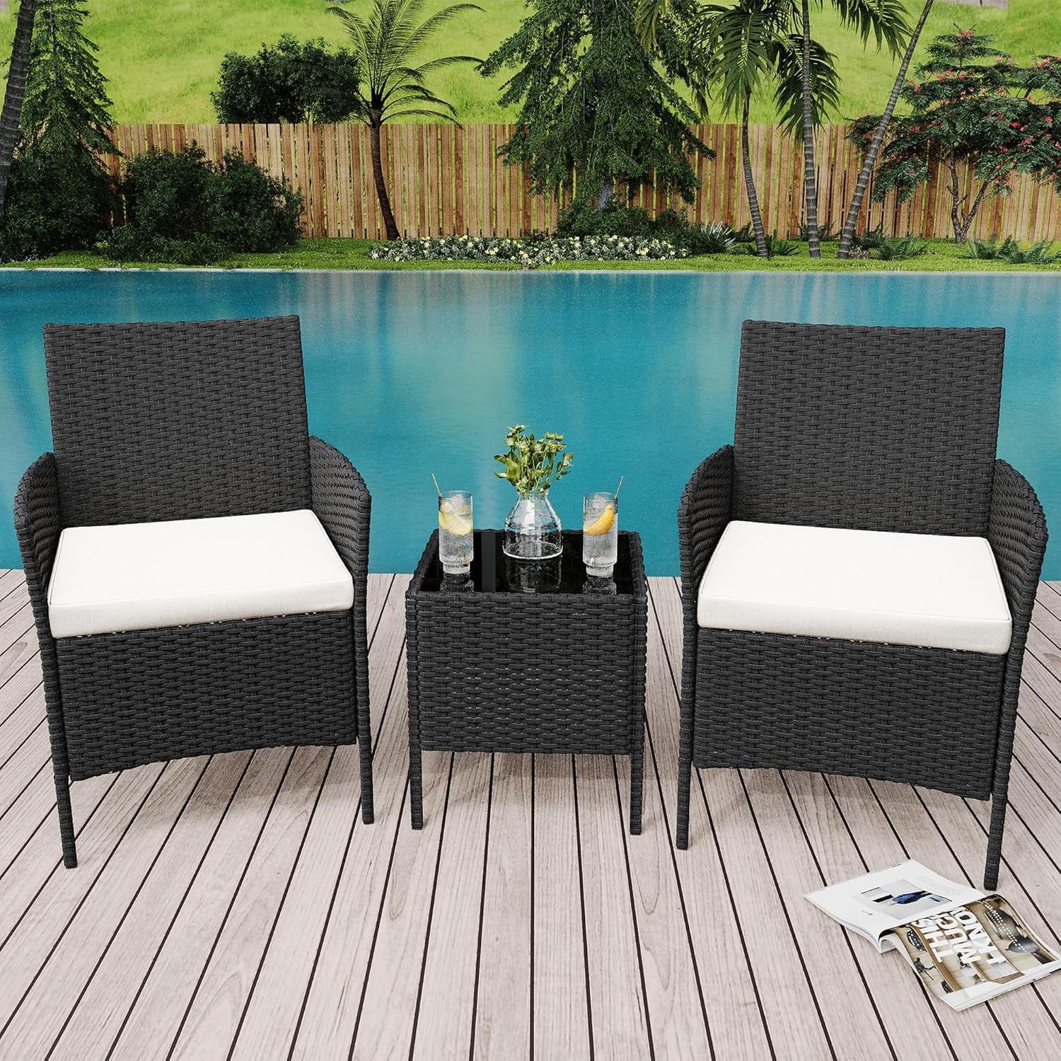Garvee 3 Piece Patio Set, PE Rattan Patio Conversation Set with 2 ...