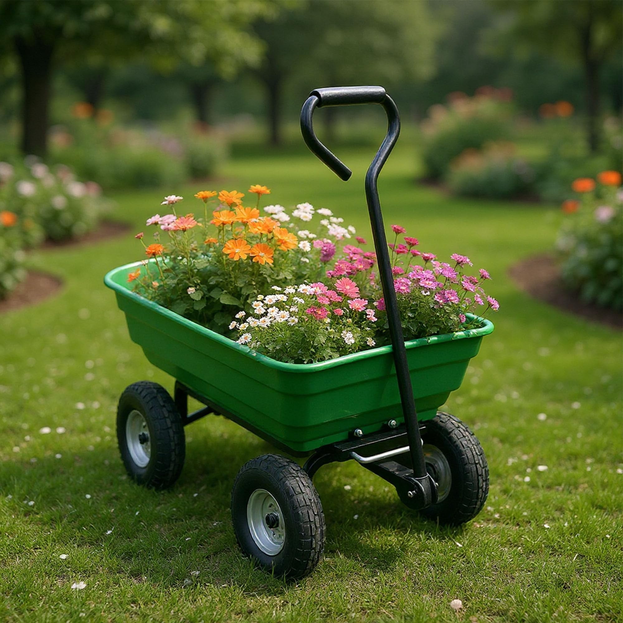 Garvee 4-Wheel Garden Cart Wheelbarrow Heavy-Duty with Built-in Stand ...