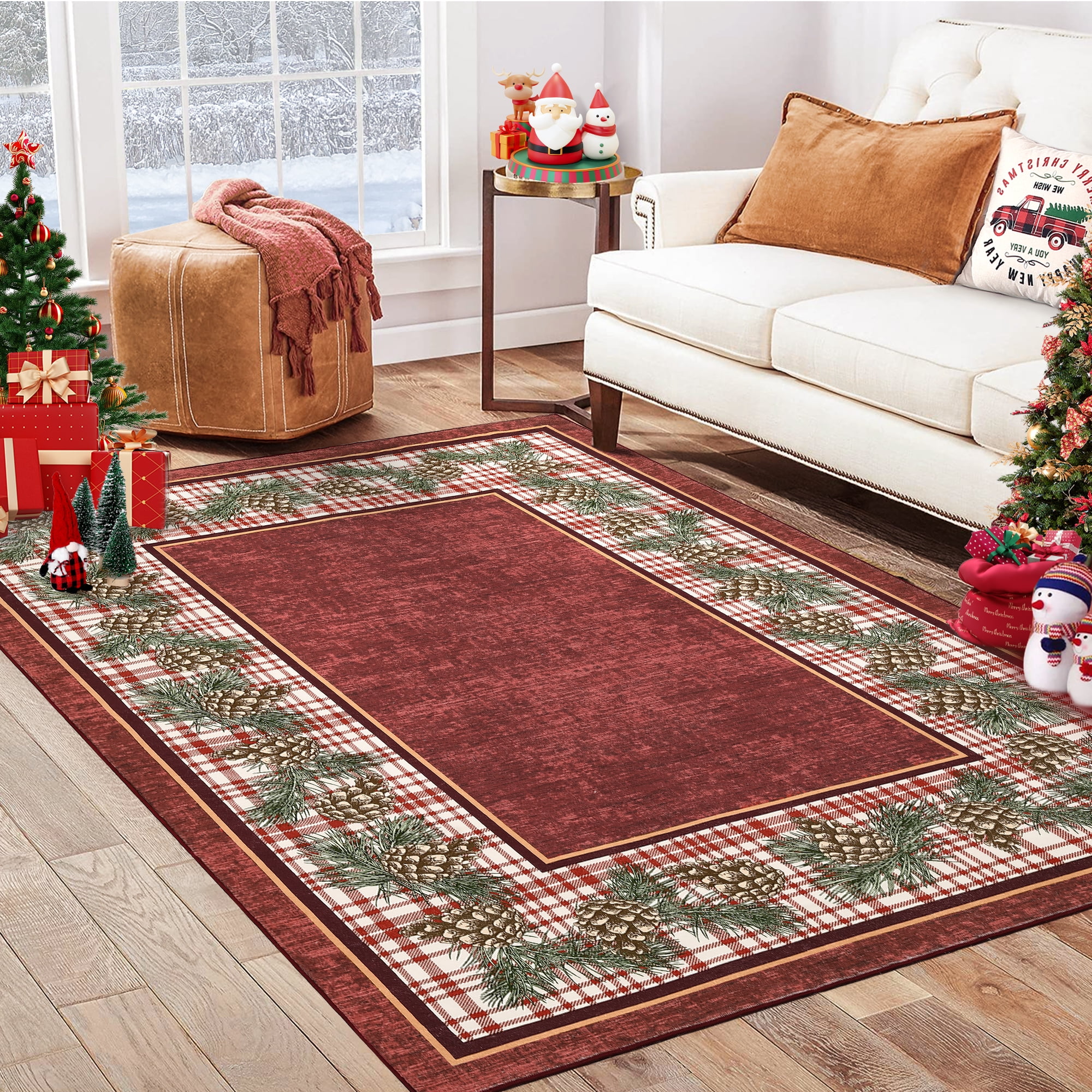 Garvee 4'x6' Border Area Rugs Christmas Rugs, Washbale Red Rug Plaid ...
