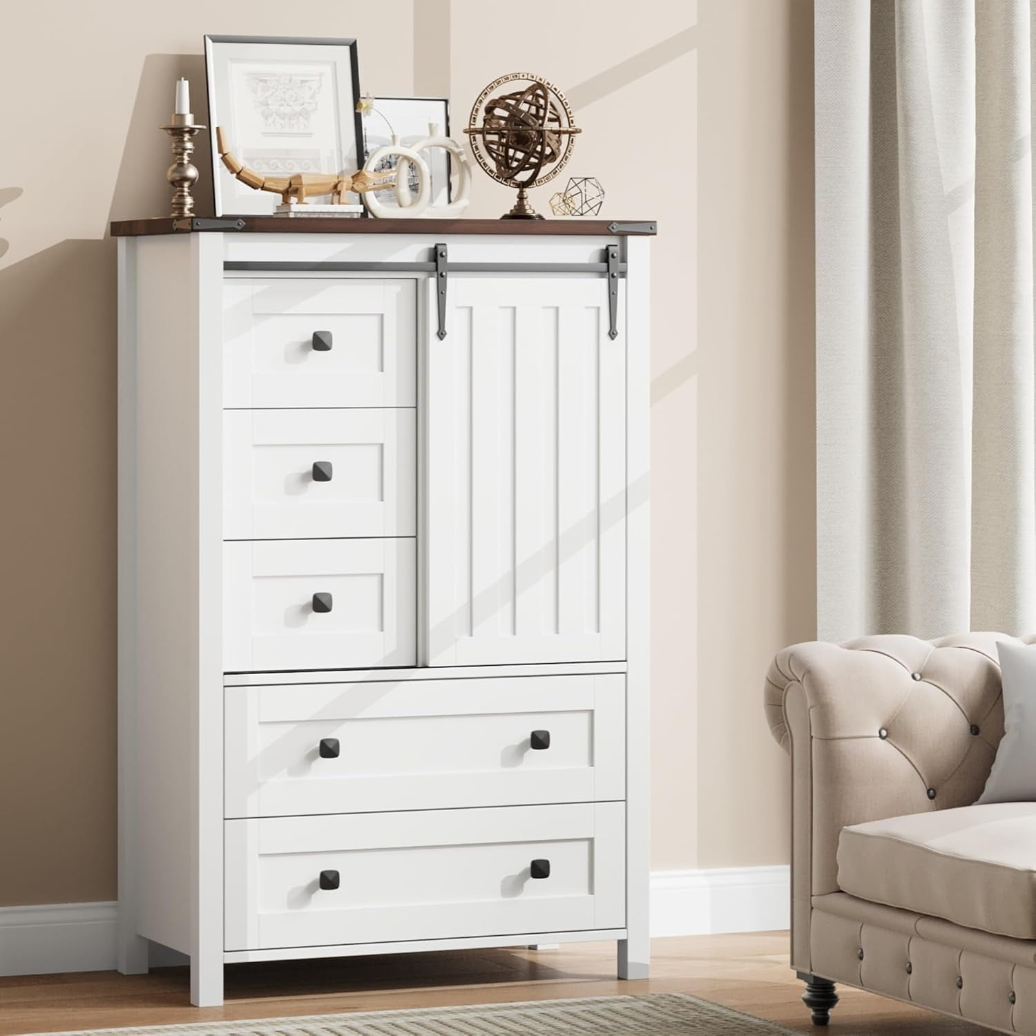 Garvee 48" Tall Dresser for Bedroom with 5 Drawers, Sliding Barn Door ...