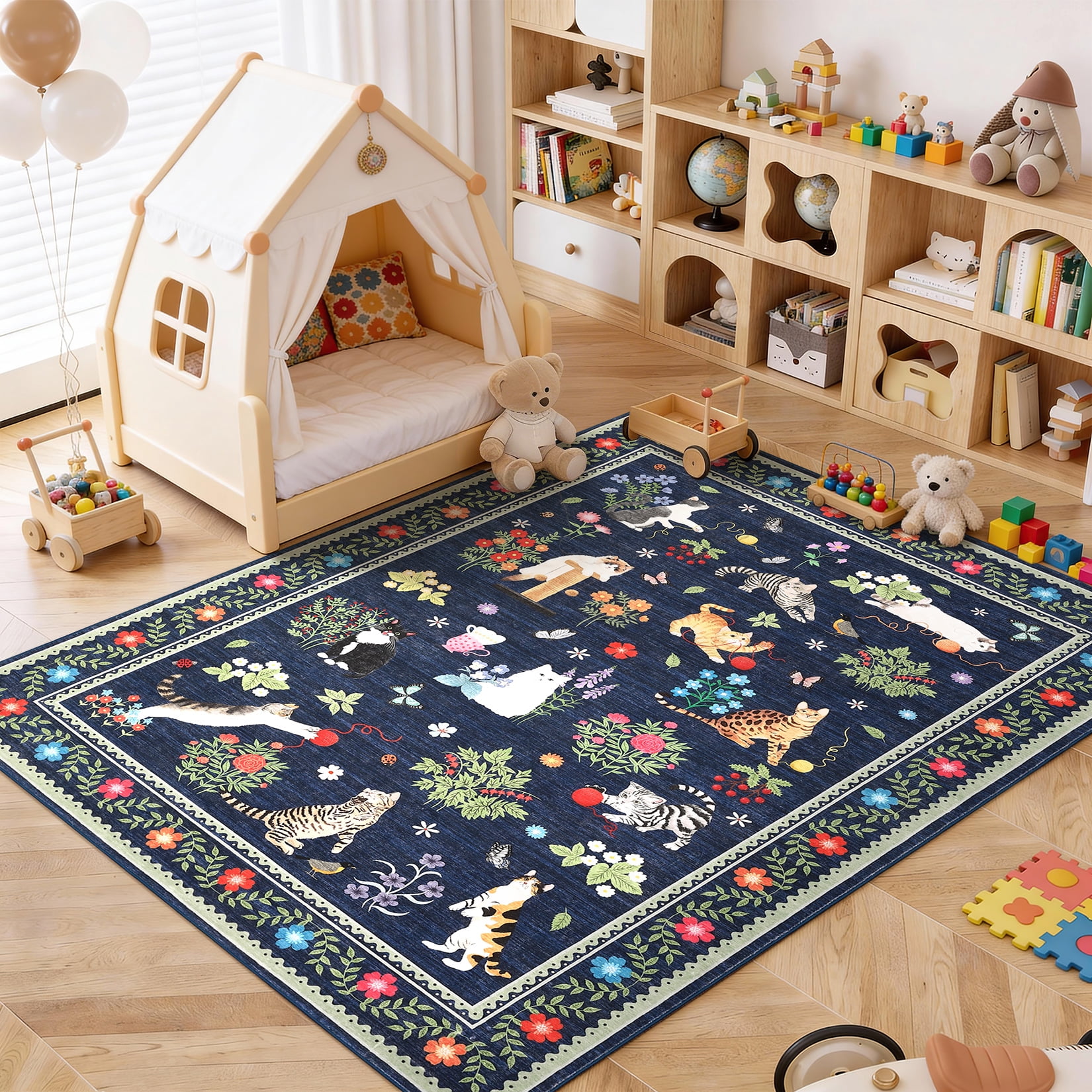 Garvee 5'x7' Floral Area Rug Animal Cat Carpet, Washable Boho Rugs Non ...