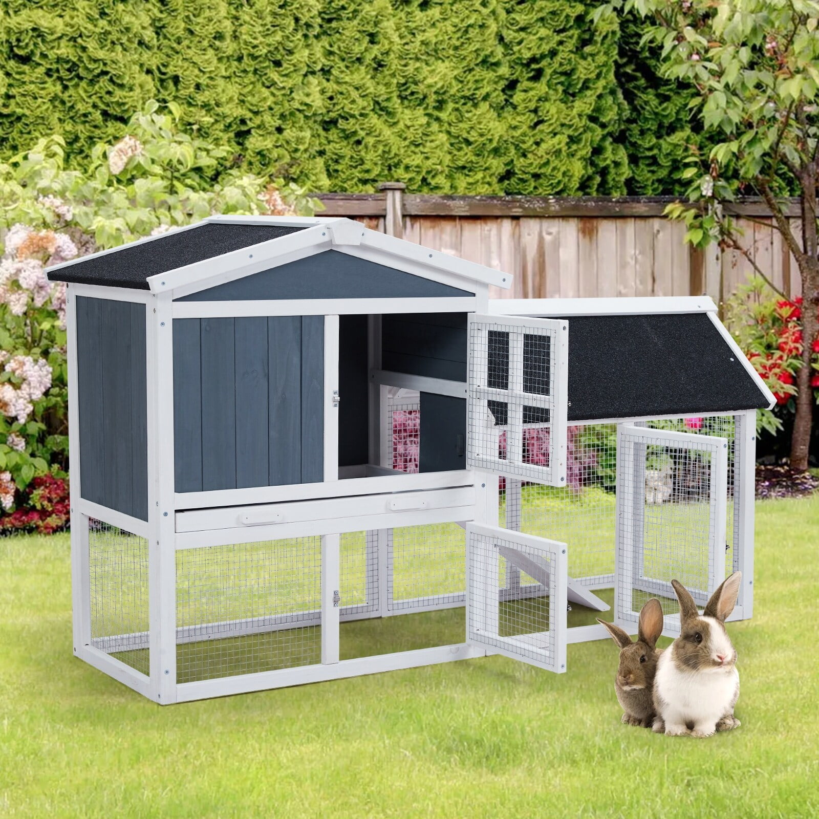 Garvee 54'' Rabbit Hutch Indoor Outdoor Rabbit Cage, Two Floors Wooden ...