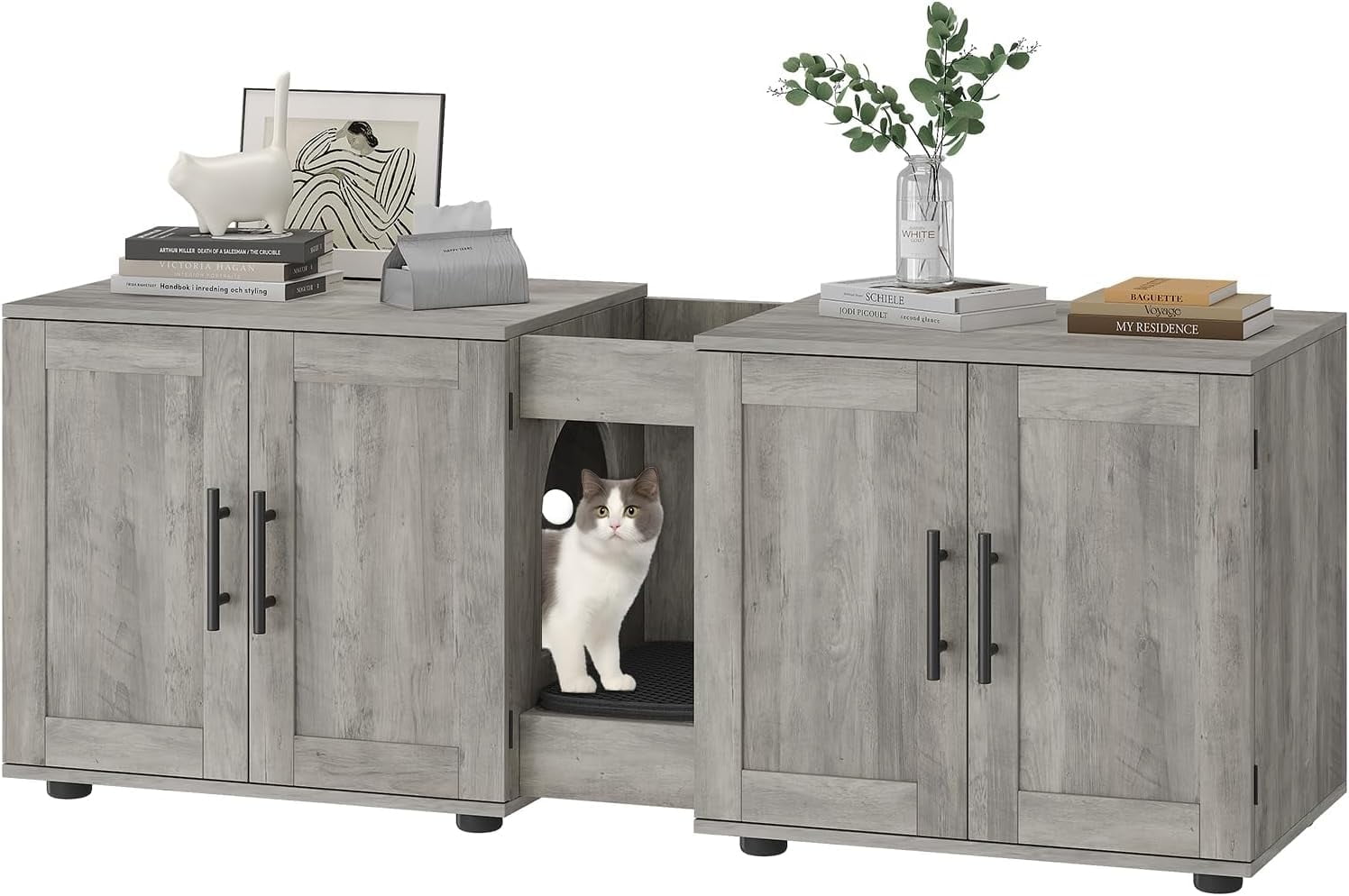 Garvee 55" Litter Box Enclosure for 2 Cats, with Double Room, Grey ...