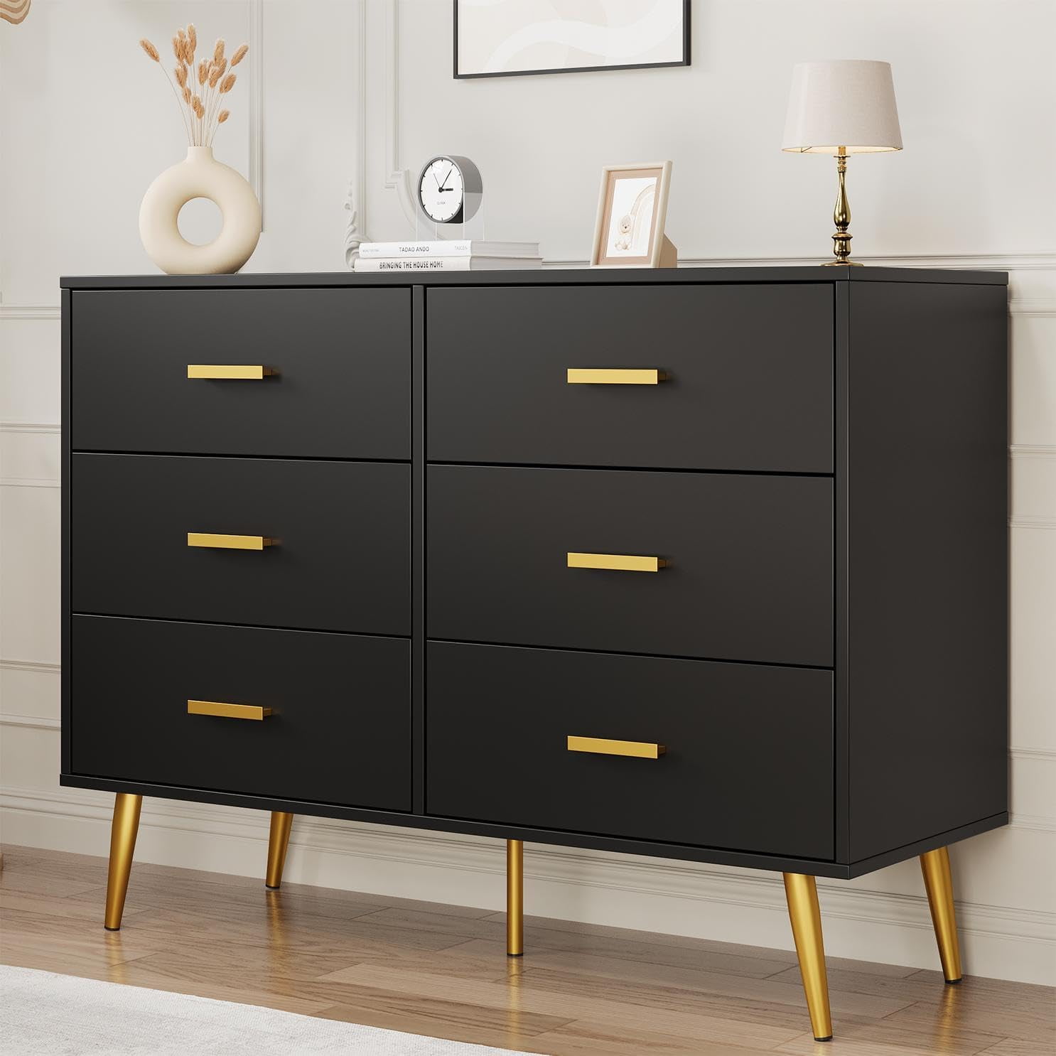 Garvee 6 Drawer Modern Dresser with Gold Handles, Wooden Chest of ...