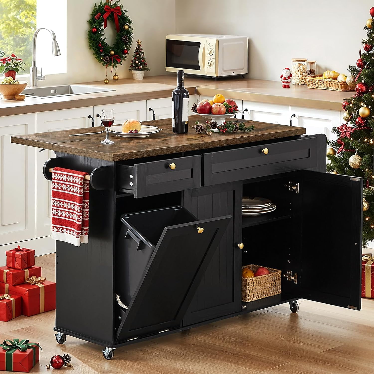 Garvee 60" Mobile Island Table with Power Outlet & Drop Leafs, Kitchen ...