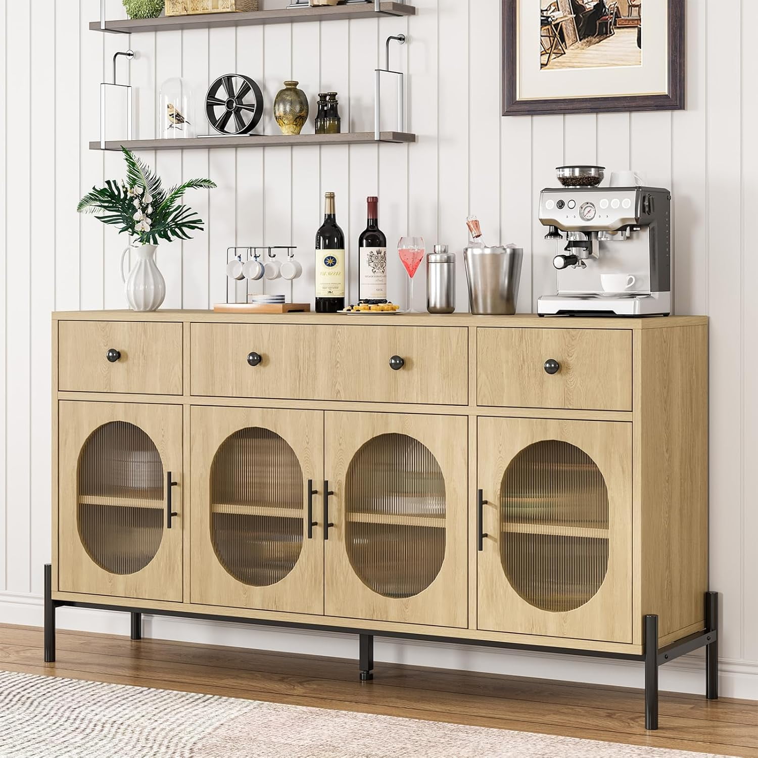 Garvee 62" Buffet Cabinet with Storage, 3 Drawers & 4 Fluted Glass ...