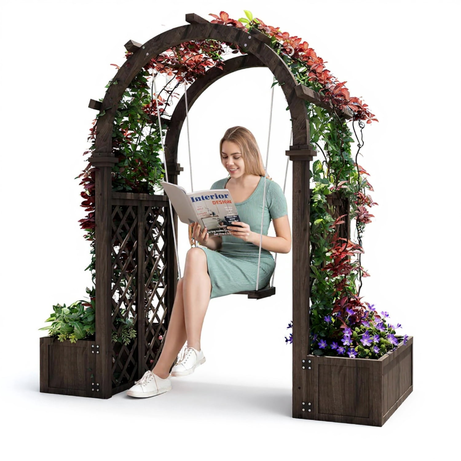Garvee 62"W x 65"H Outdoor Arch Trellis, Wood Garden Arbor with Planter ...