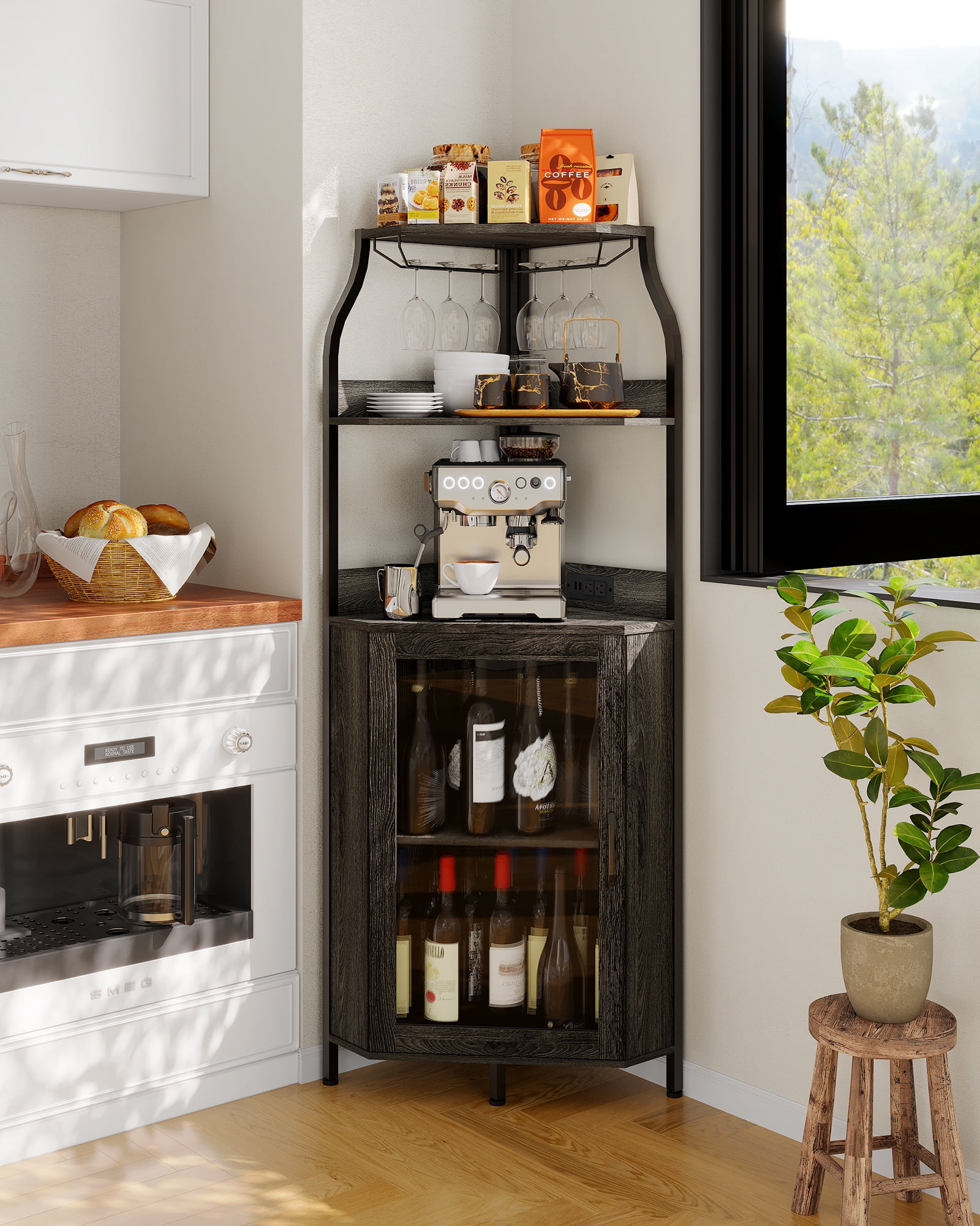 Garvee 68in Corner Bar Cabinet with Power Outlet, Industrial Wine ...