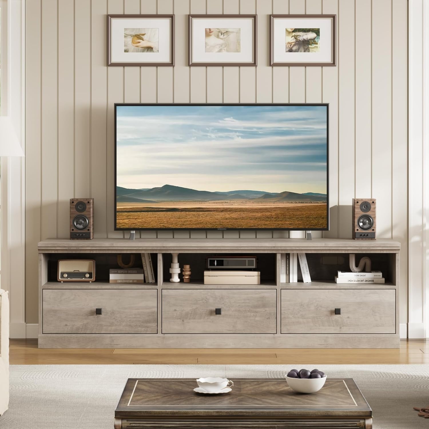 Garvee 70" TV Stand with Drawers for 75/80 inch TV, Grey Long ...