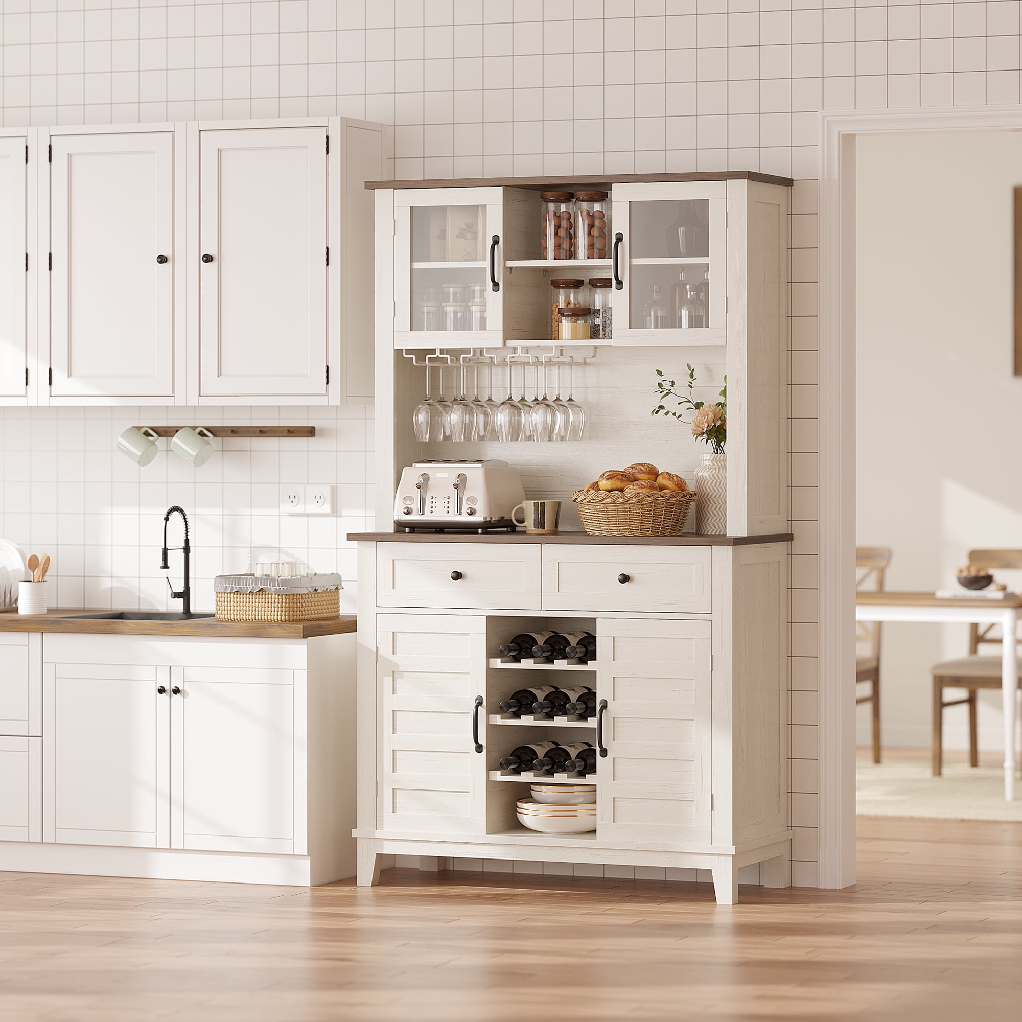 Garvee 72" Modern Rustic Bar Cabinet with Glass Doors & Wine Rack ...