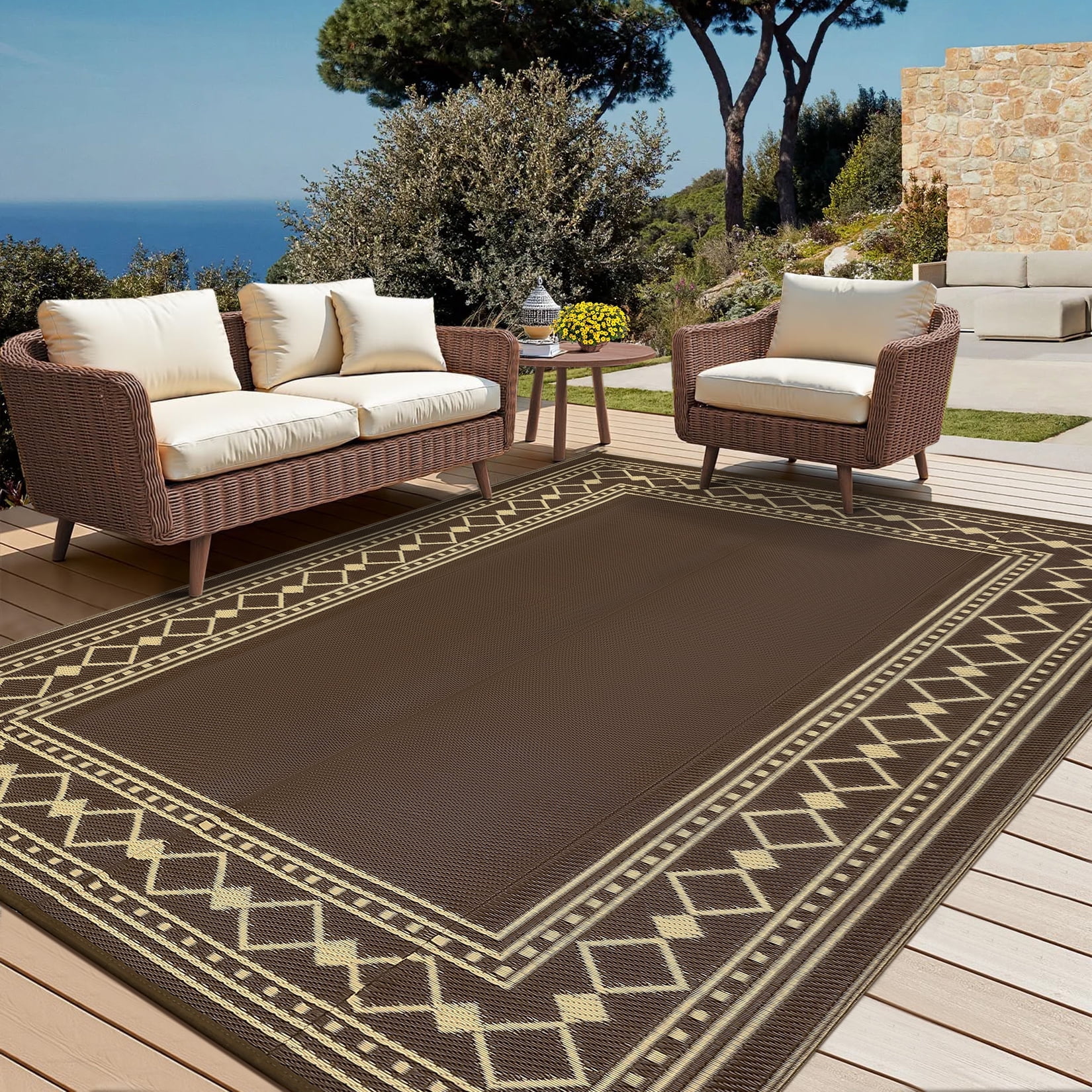 Garvee 8'x10' Outdoor Rug Modern Bordered Geometric Rug Waterproof ...