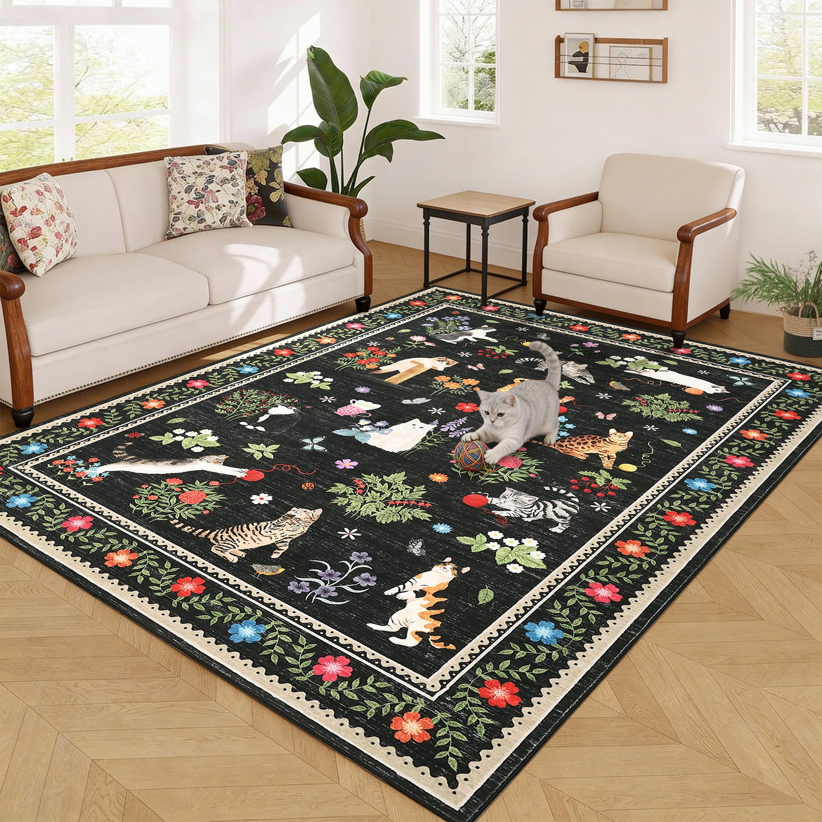 Garvee 9'x12' Floral Area Rug Animal Cat Carpet, Washable Boho Rugs Non ...