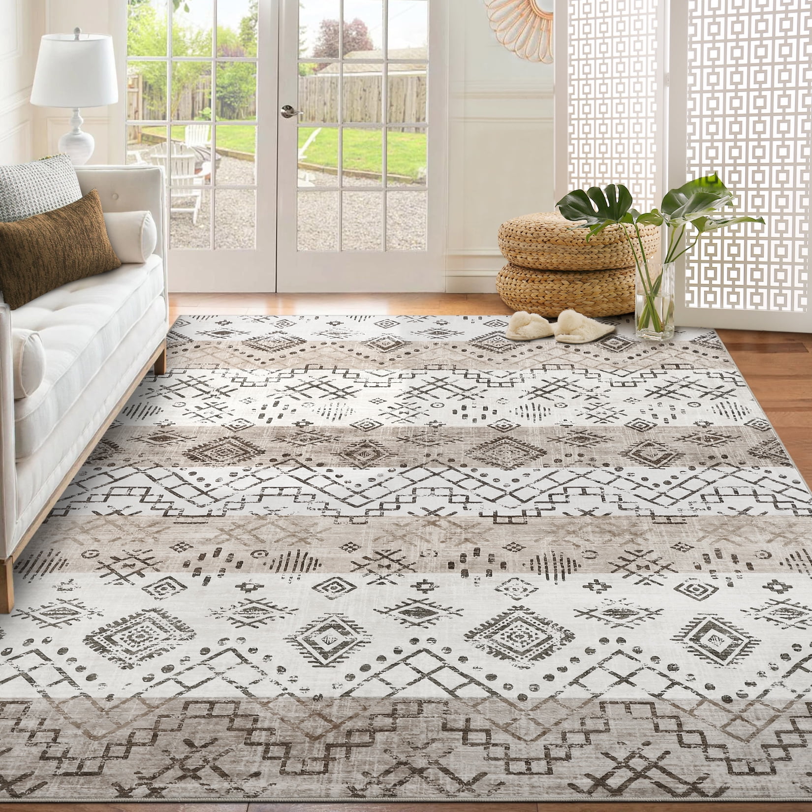 Garvee 9'x12' Washable Area Rug for Living Room Boho Geometric Rug Low ...