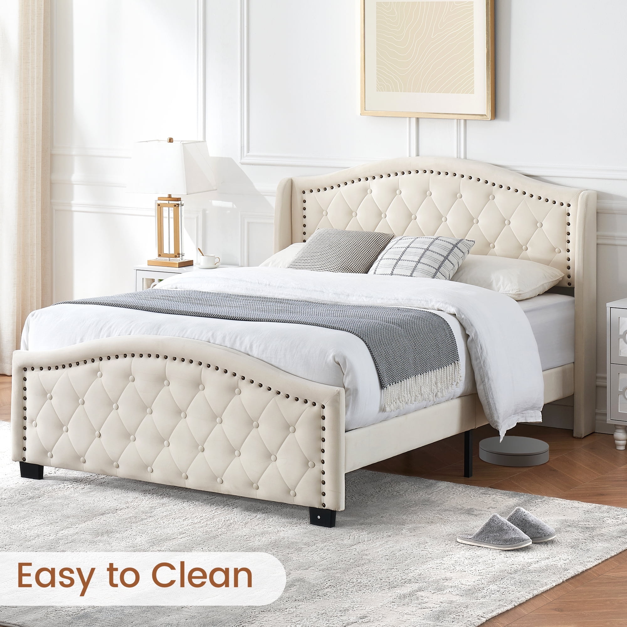 Walmart Queen Size Velvet Upholstered Bed Frame with Tall Wingback Headboard, Nailhead Trim ...