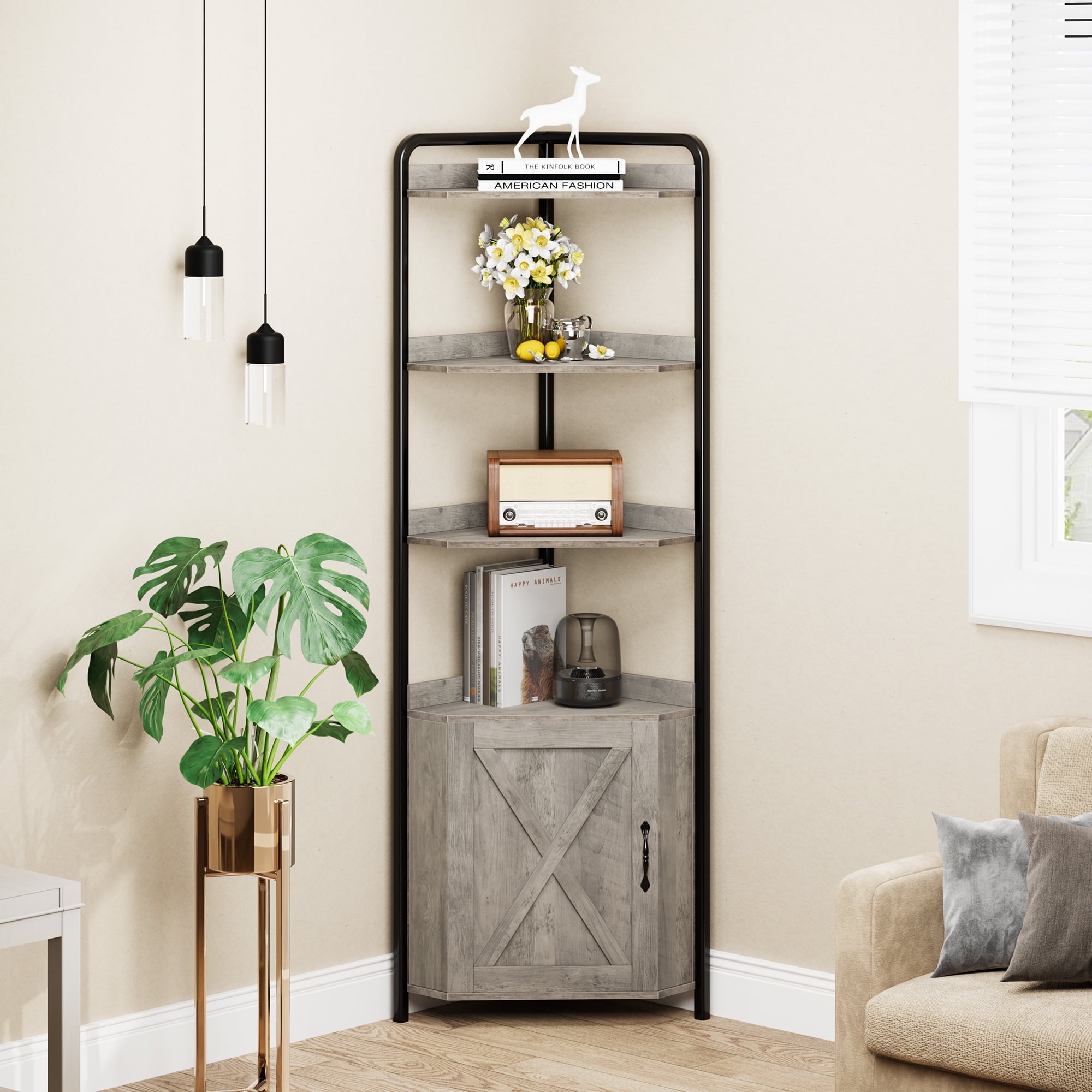 GARVEE 5-Tier Corner Shelf, Grey Tall Metal Storage Rack, Industrial ...