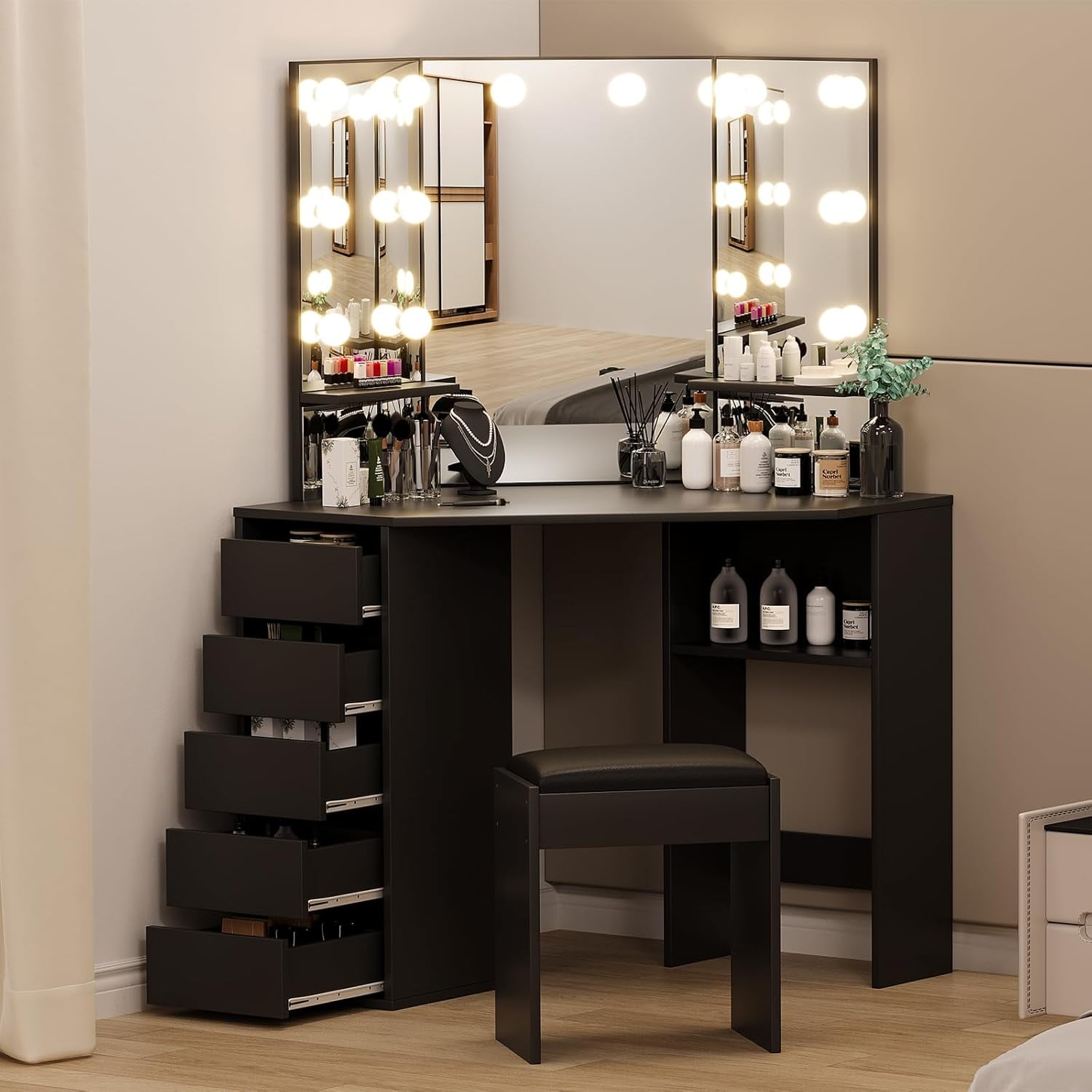 Garvee Corner Vanity Desk with LED Mirror & Adjustable Lights | Makeup ...