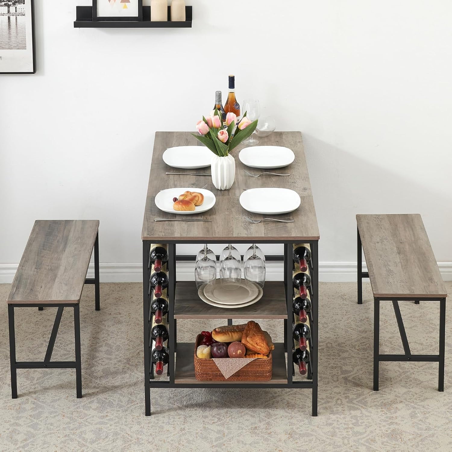 Garvee Dining Table Set for 4 with 2 Benches, Rectangular Kitchen Table ...