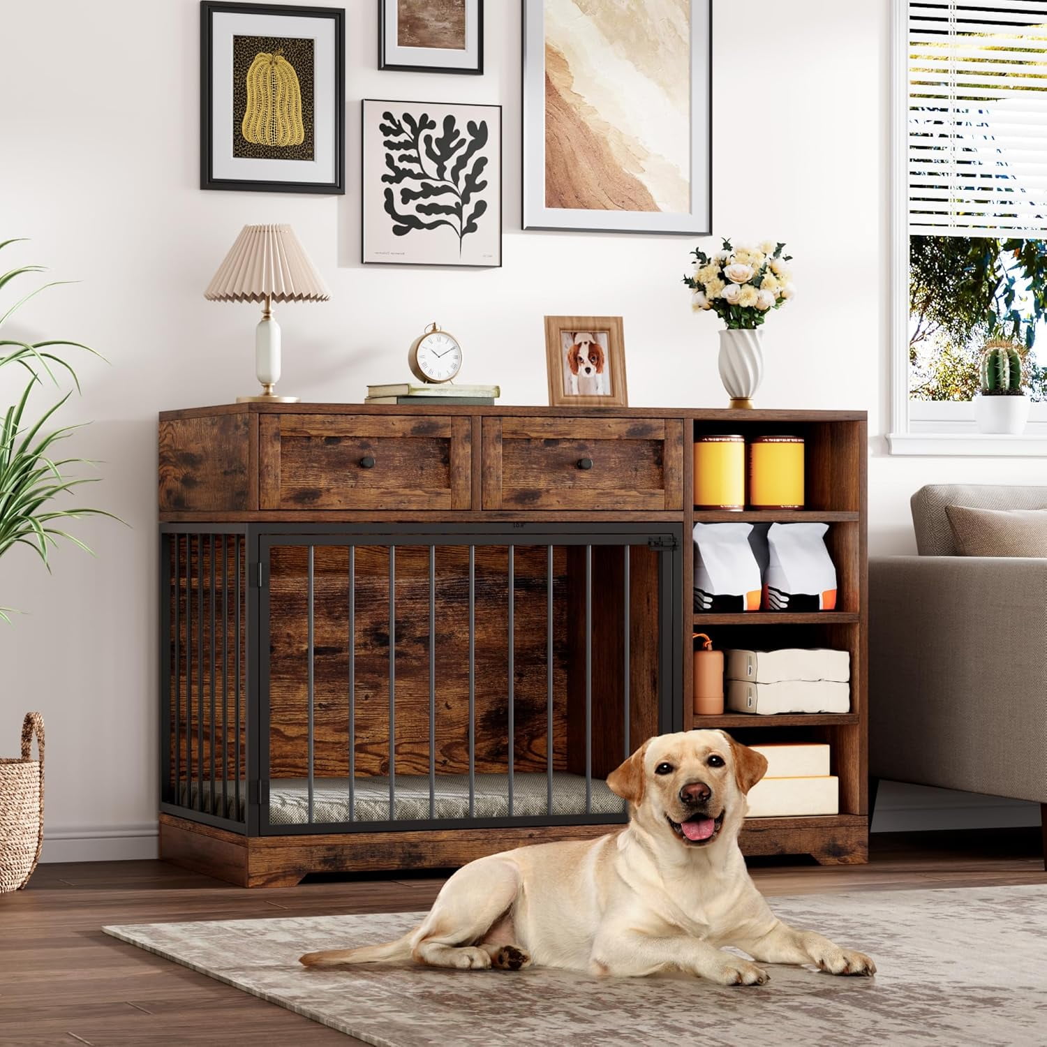 Garvee Dog Crate Furniture 47”, Large Dog Crate TV Stand with 2 Drawers ...