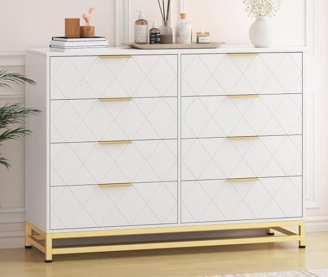 Garvee Fluted 8-Drawer Double Dresser, Modern Wide Storage Chest with ...