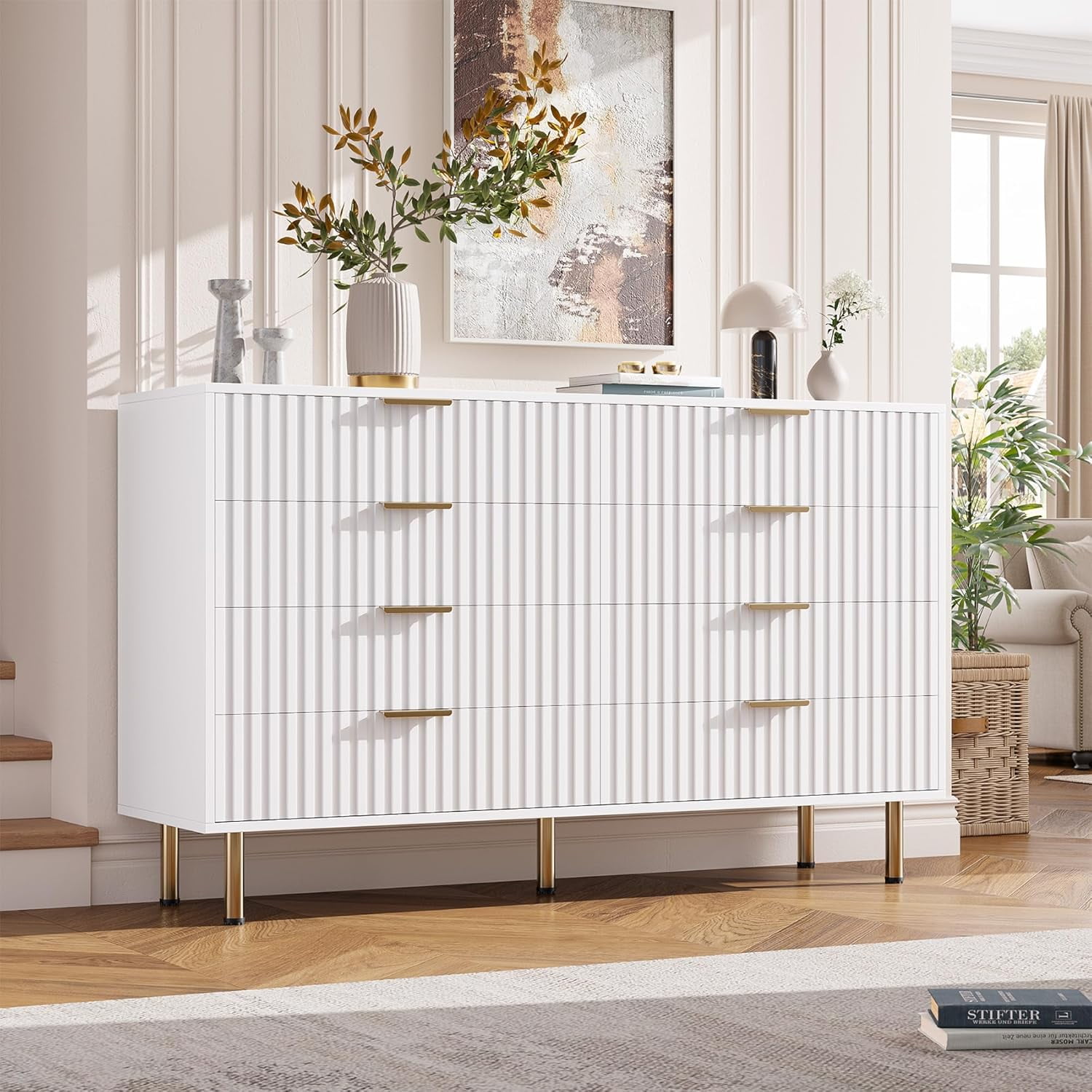 Garvee Fluted 8-Drawer Double Dresser, Modern Wide Storage Chest with ...