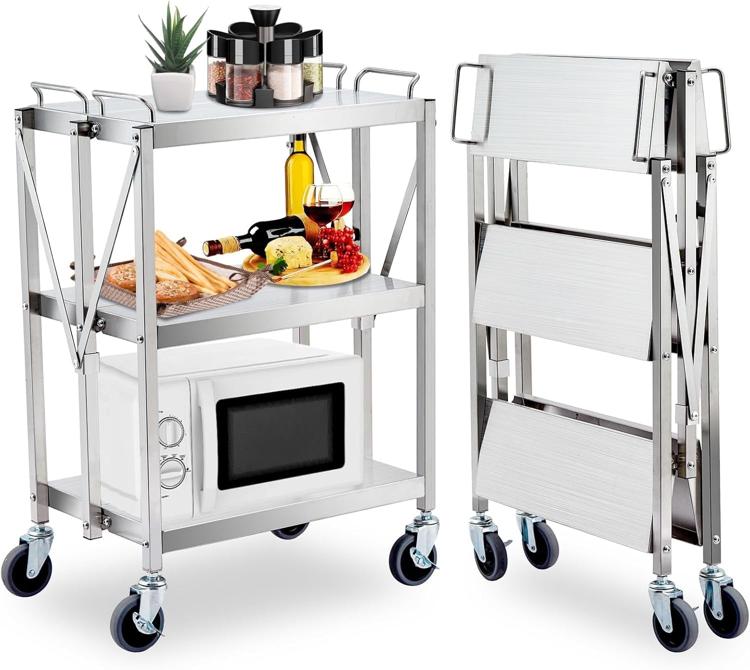 Garvee Foldable 3 Tier Metal Utility Rolling Cart, 25 x 15.8 x 37.8 ...