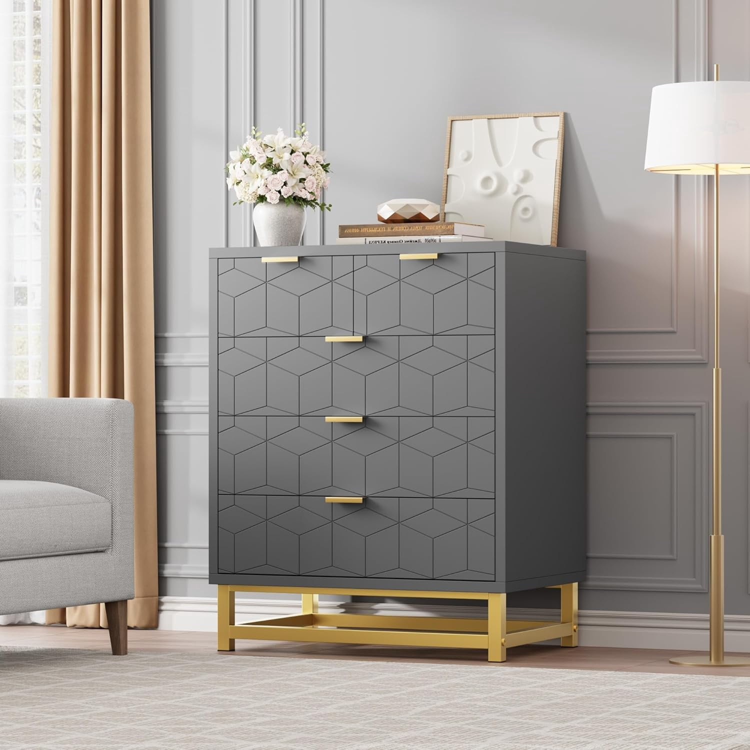 Garvee Grey 5 Drawer Dresser for Bedroom, Chest of Drawers with Metal ...