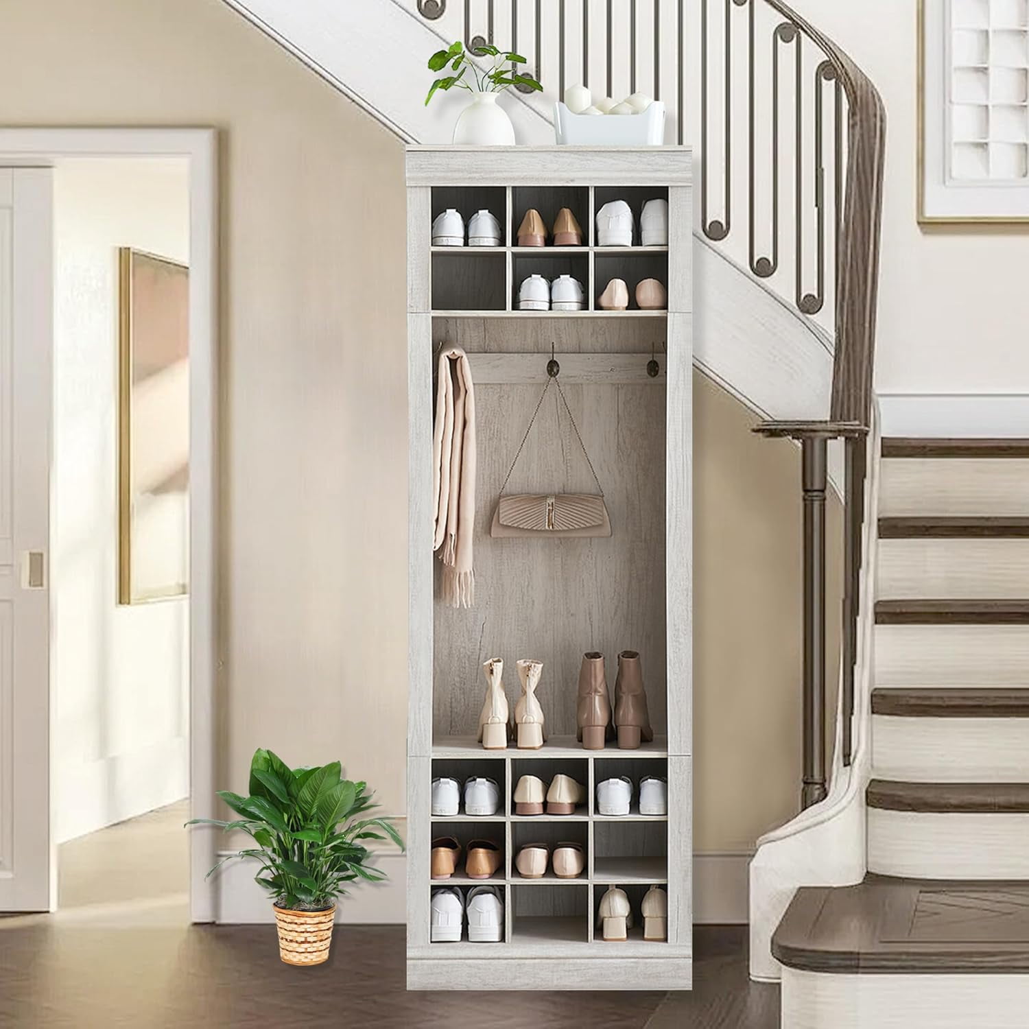 Garvee Hall Tree with Shoe Storage Cabinet, 73.35" Tall Wooden Coat ...