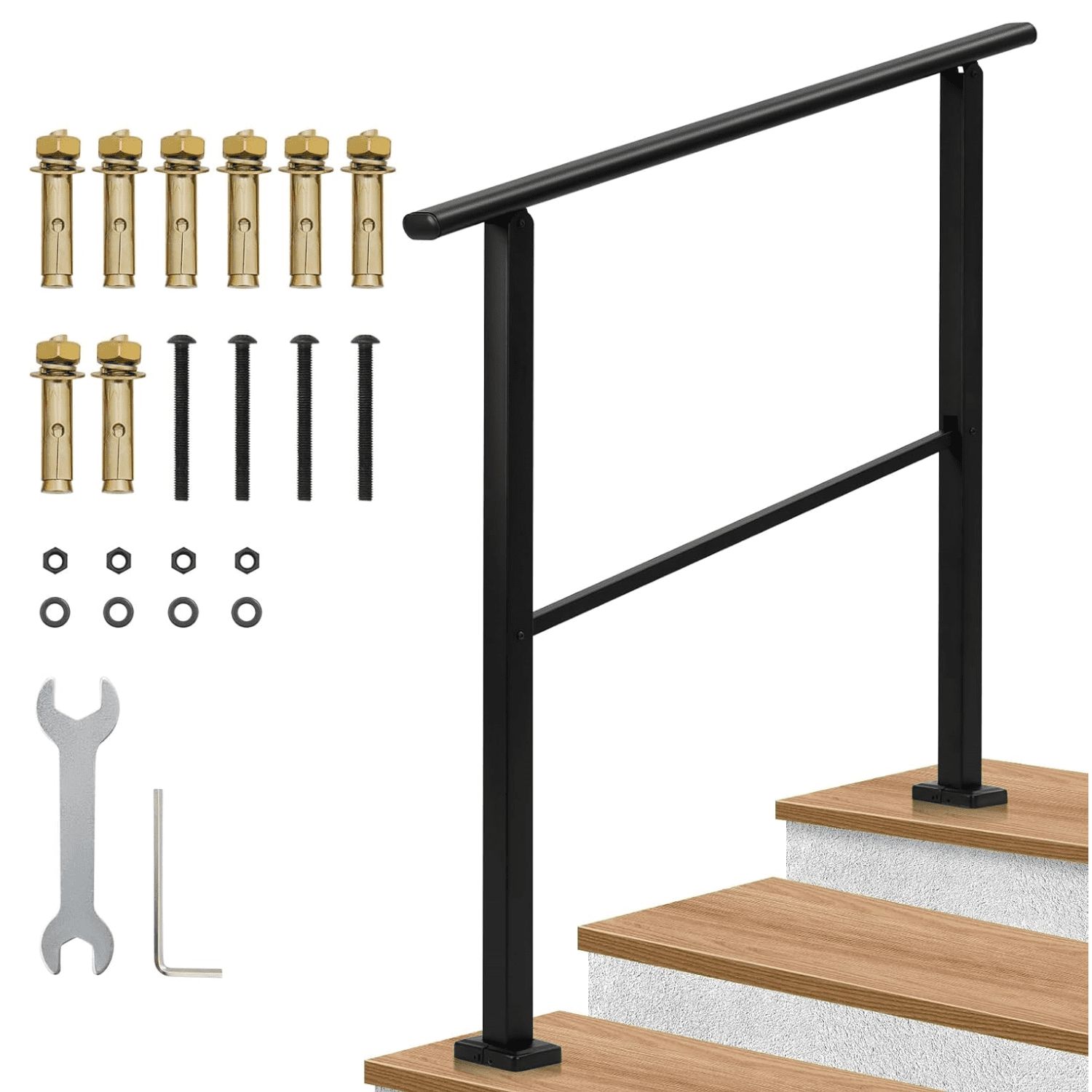Garvee Hand Rails for Outdoor Steps, 3 Step Stair Handrail & Indoor Stair Railing Kit, Black ...
